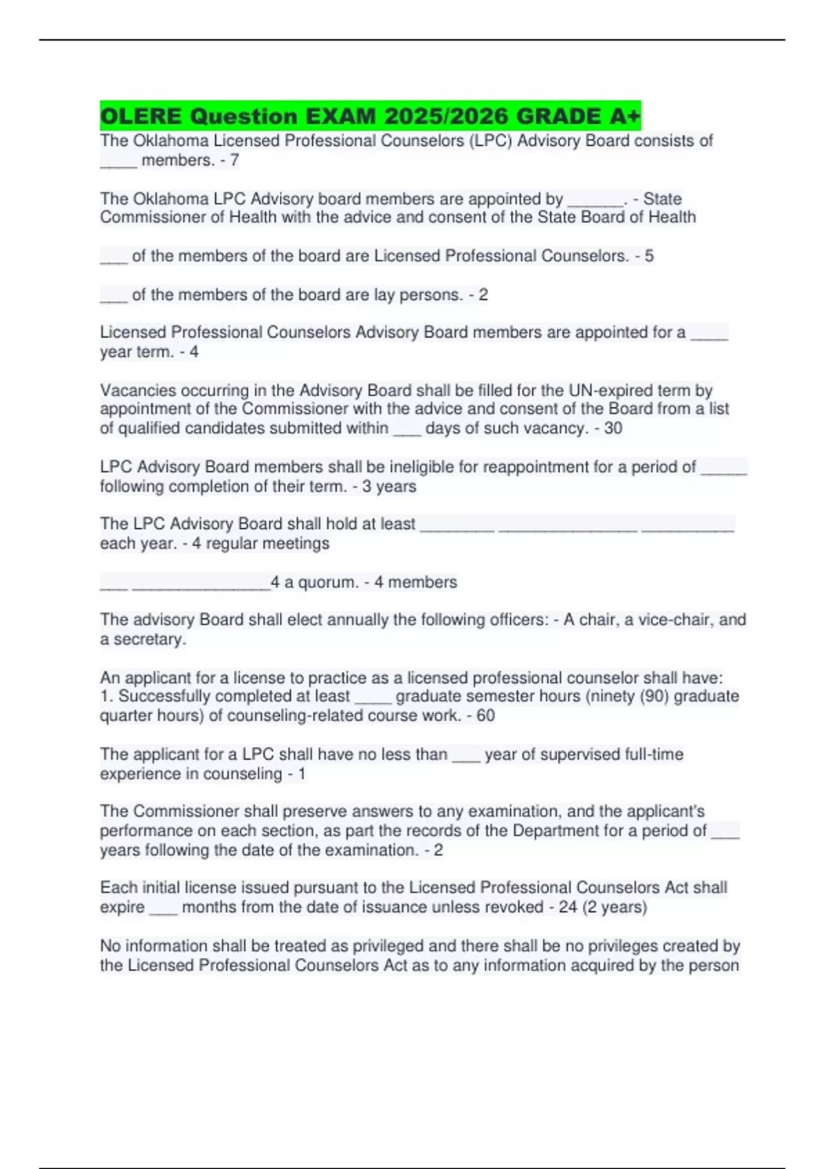 OLERE Study Guide FINAL EXAM 2025 GRADE A+ - OLERE - Stuvia US