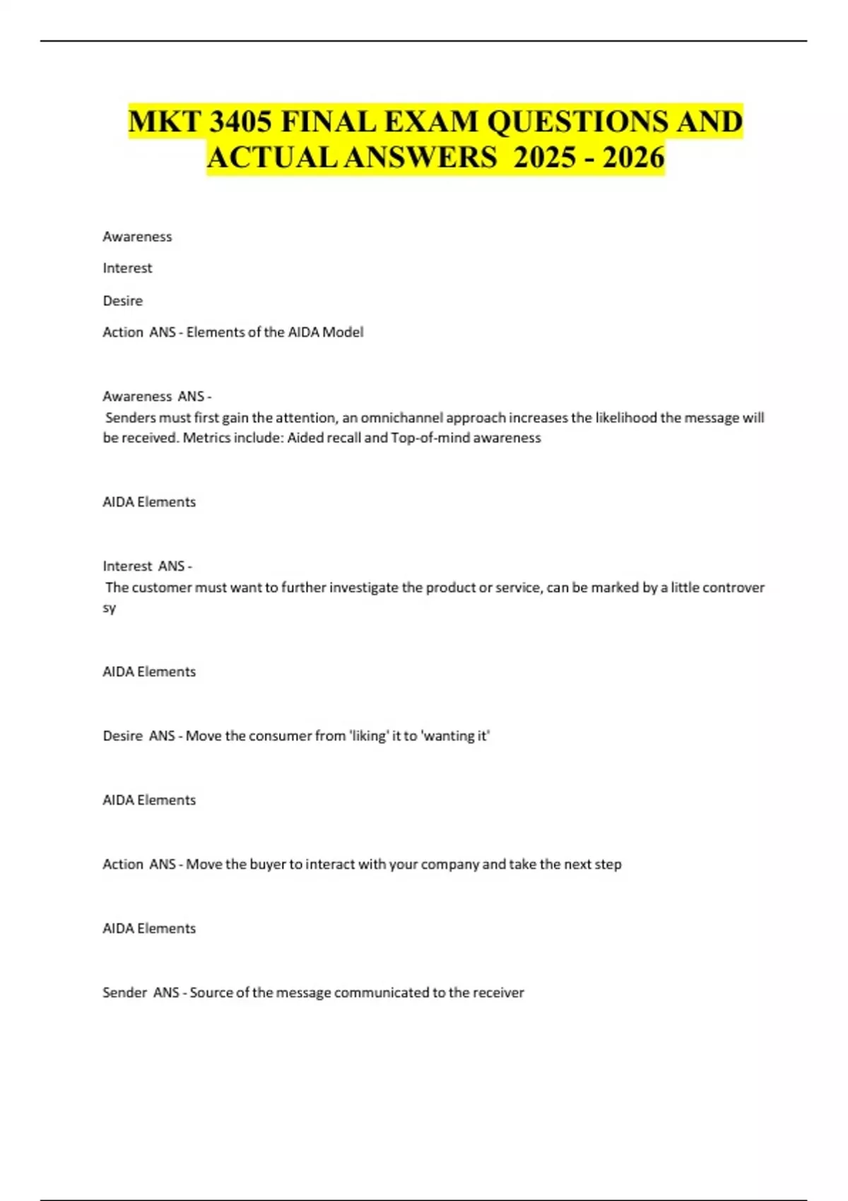 MKT 3405 FINAL EXAM QUESTIONS AND ACTUAL ANSWERS - AIDA - Stuvia US