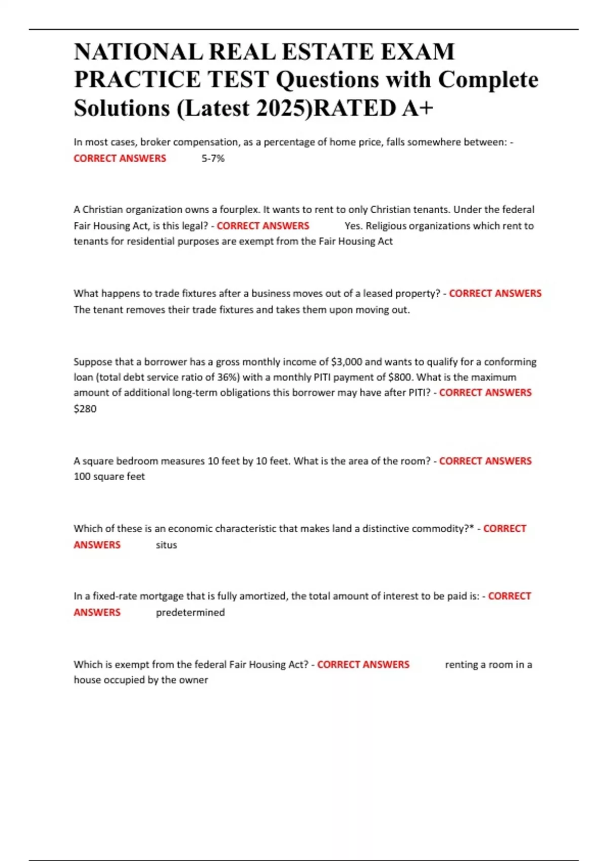 Summary NATIONAL REAL ESTATE EXAM PRACTICE TEST Questions with Complete ...