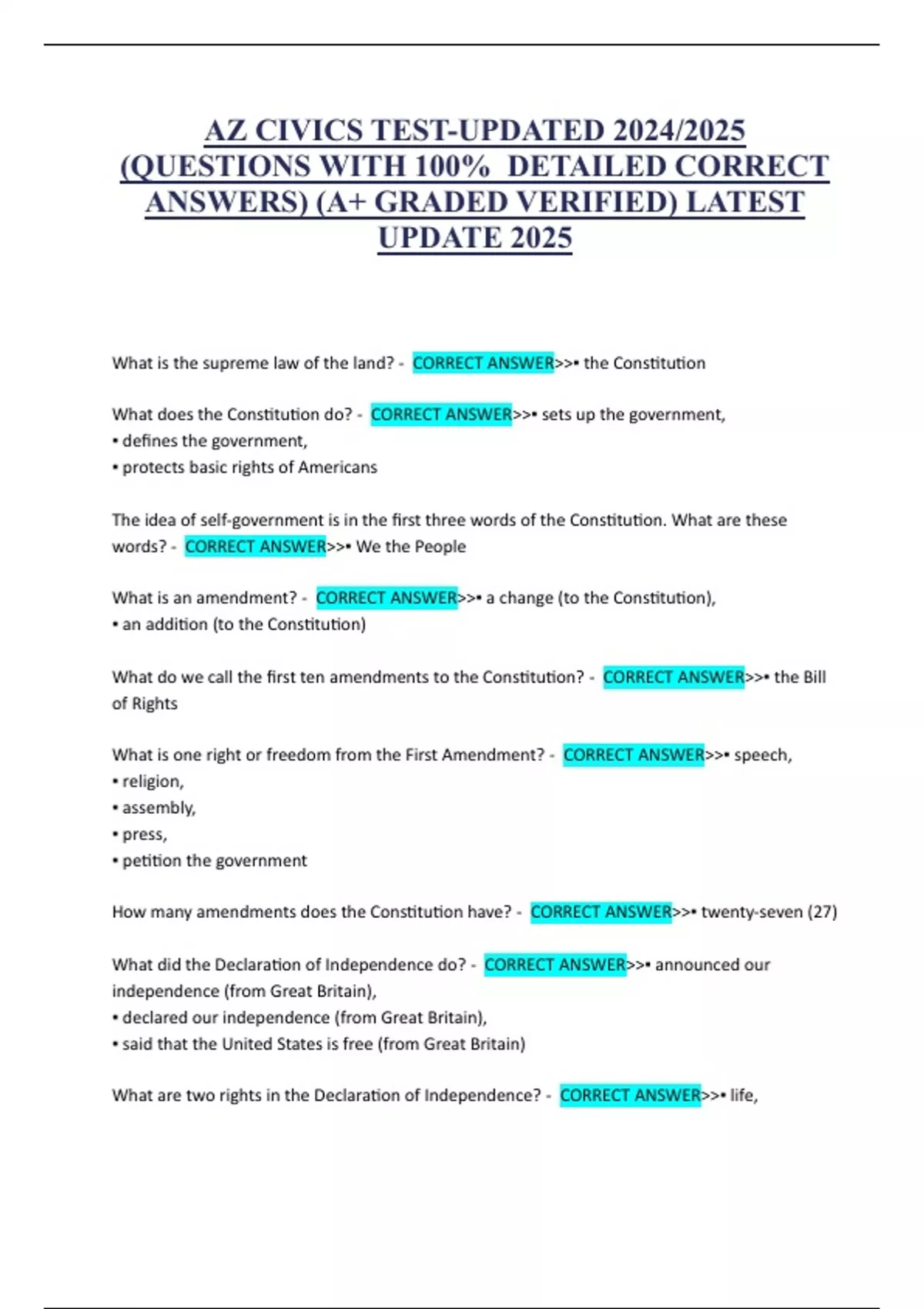 AZ CIVICS TEST-UPDATED 2024/2025 (QUESTIONS WITH 100% DETAILED CORRECT ...