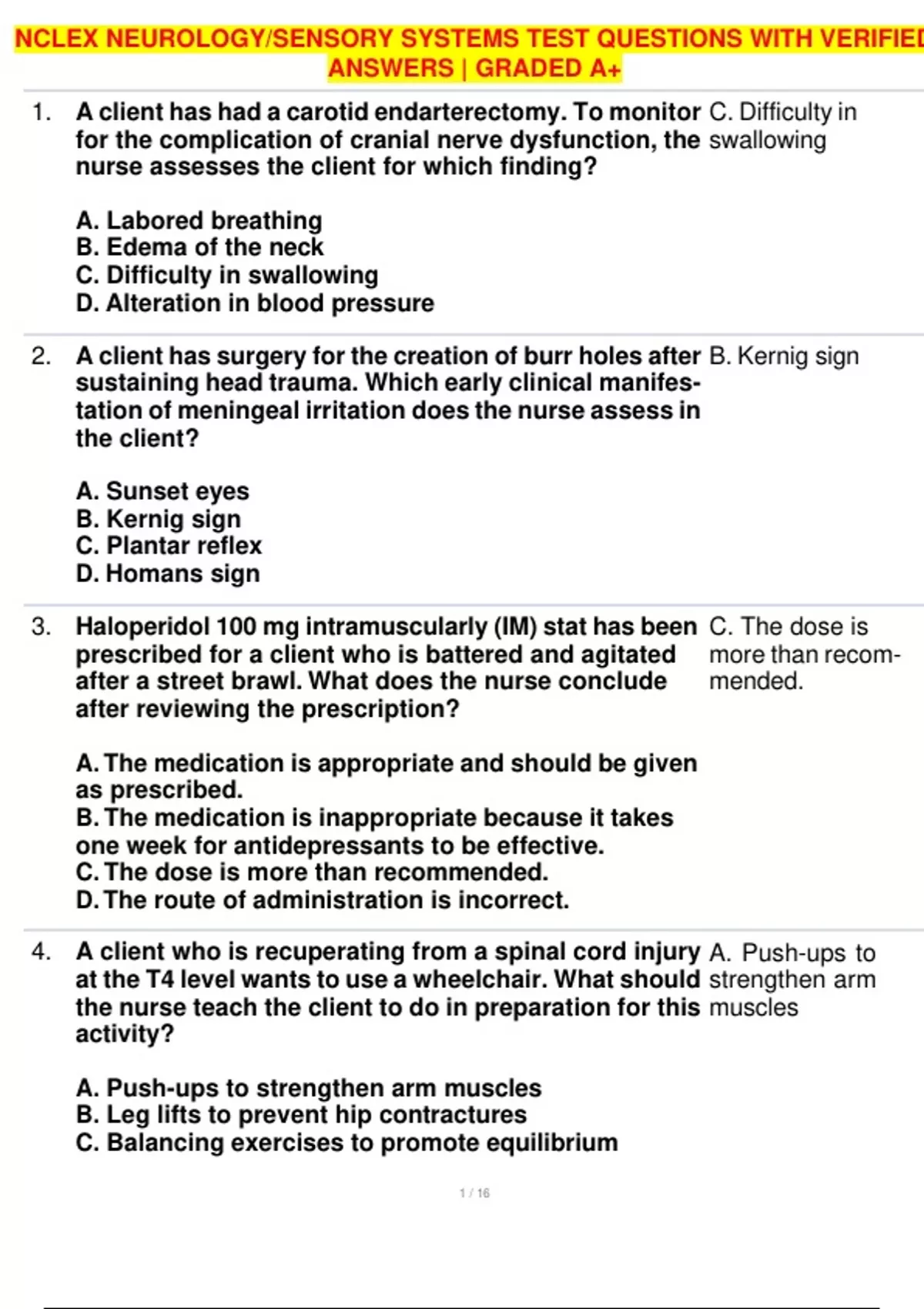 NCLEX NEUROLOGY/SENSORY SYSTEMS TEST QUESTIONS WITH VERIFIED ANSWERS ...