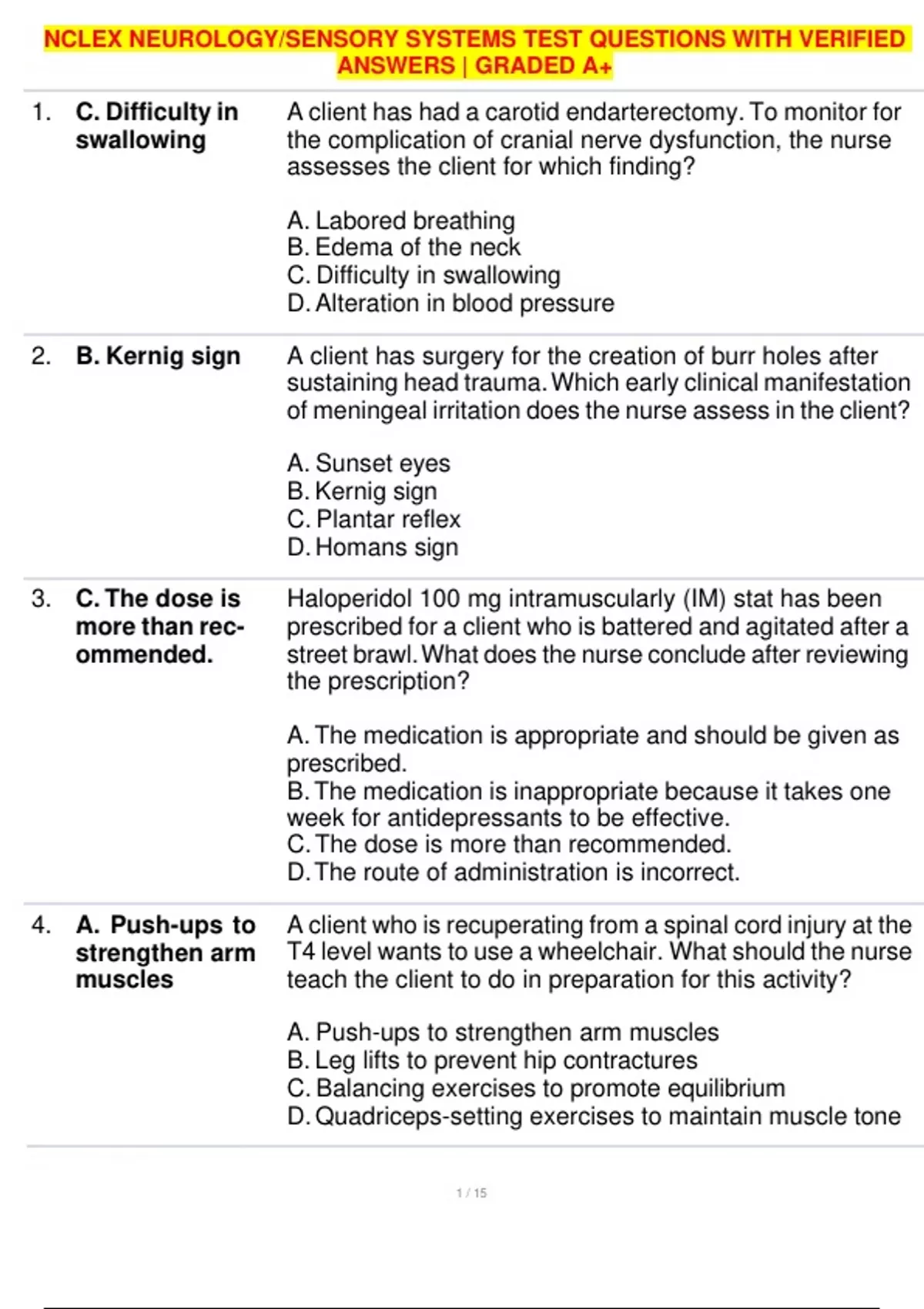 NCLEX NEUROLOGY/SENSORY SYSTEMS TEST QUESTIONS WITH VERIFIED ANSWERS ...