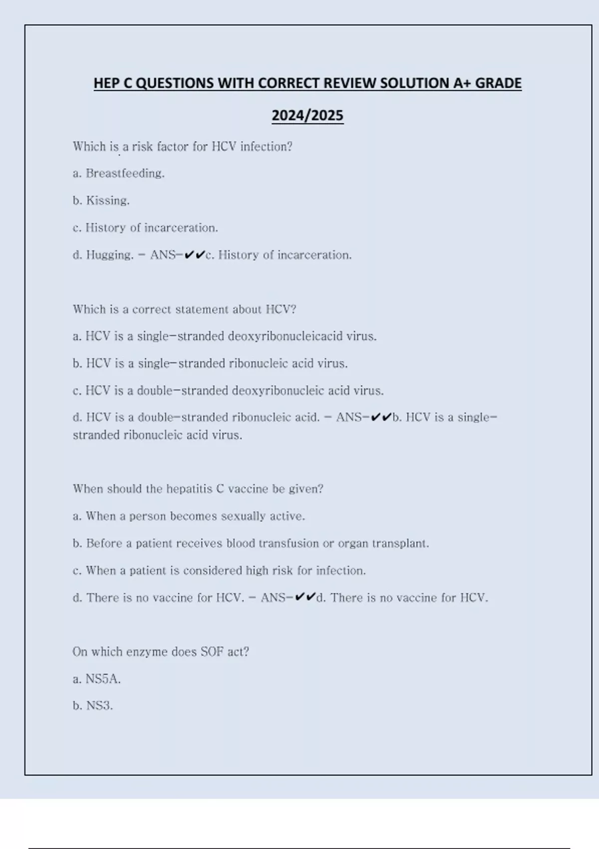 HEP C QUESTIONS WITH CORRECT REVIEW SOLUTION A+ GRADE 2024/2025 - HEP C ...