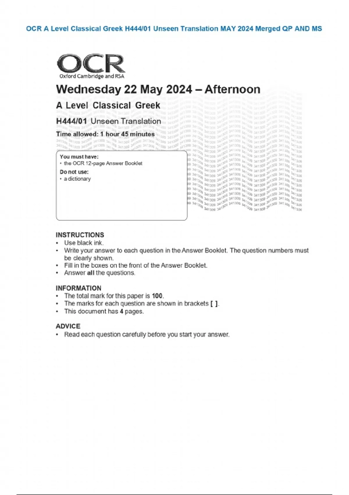 OCR A Level Classical Greek H444/01 Unseen Translation MAY 2024 Merged ...