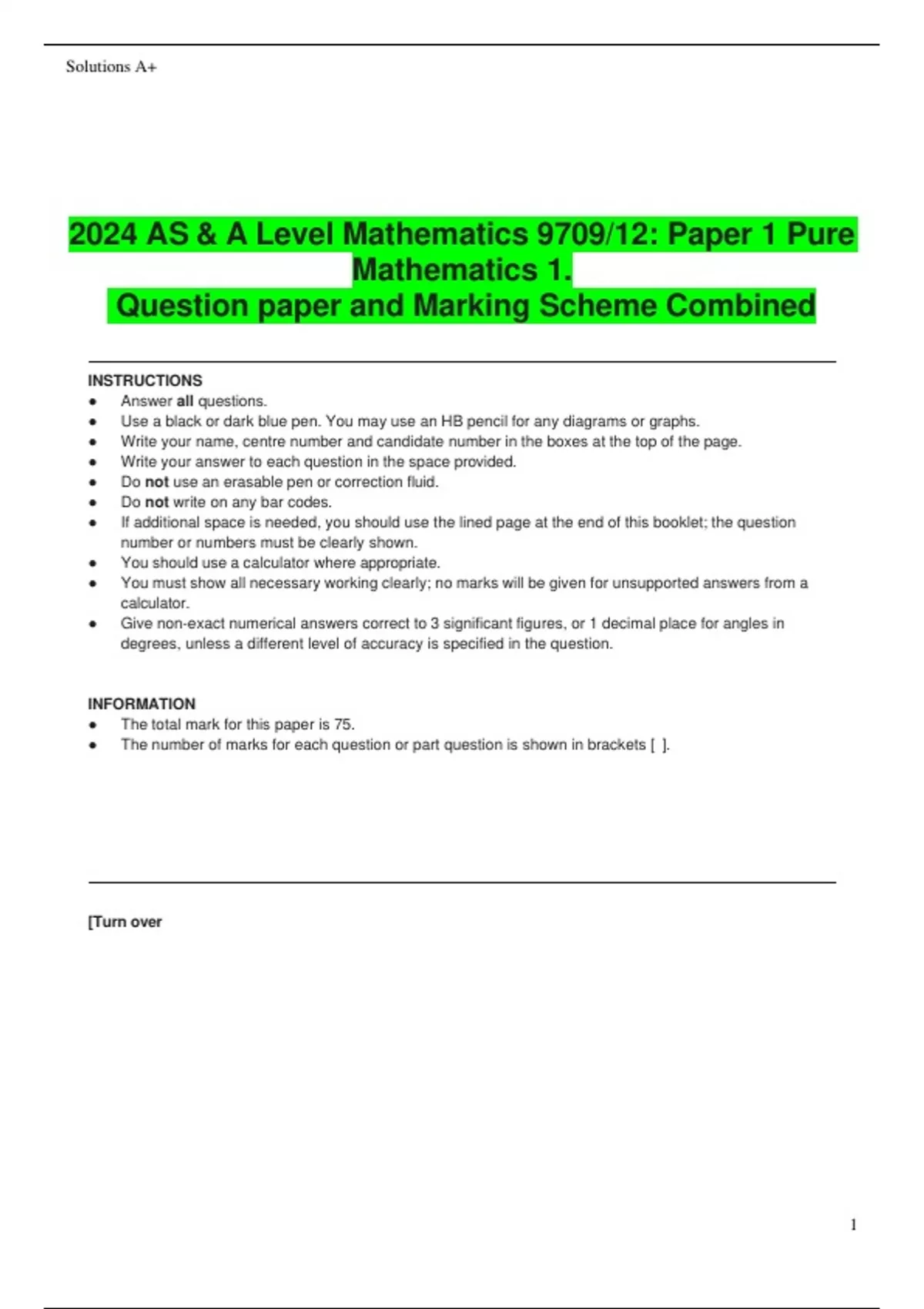 2024 AS & A Level Mathematics 9709/12: Paper 1 Pure Mathematics 1 ...