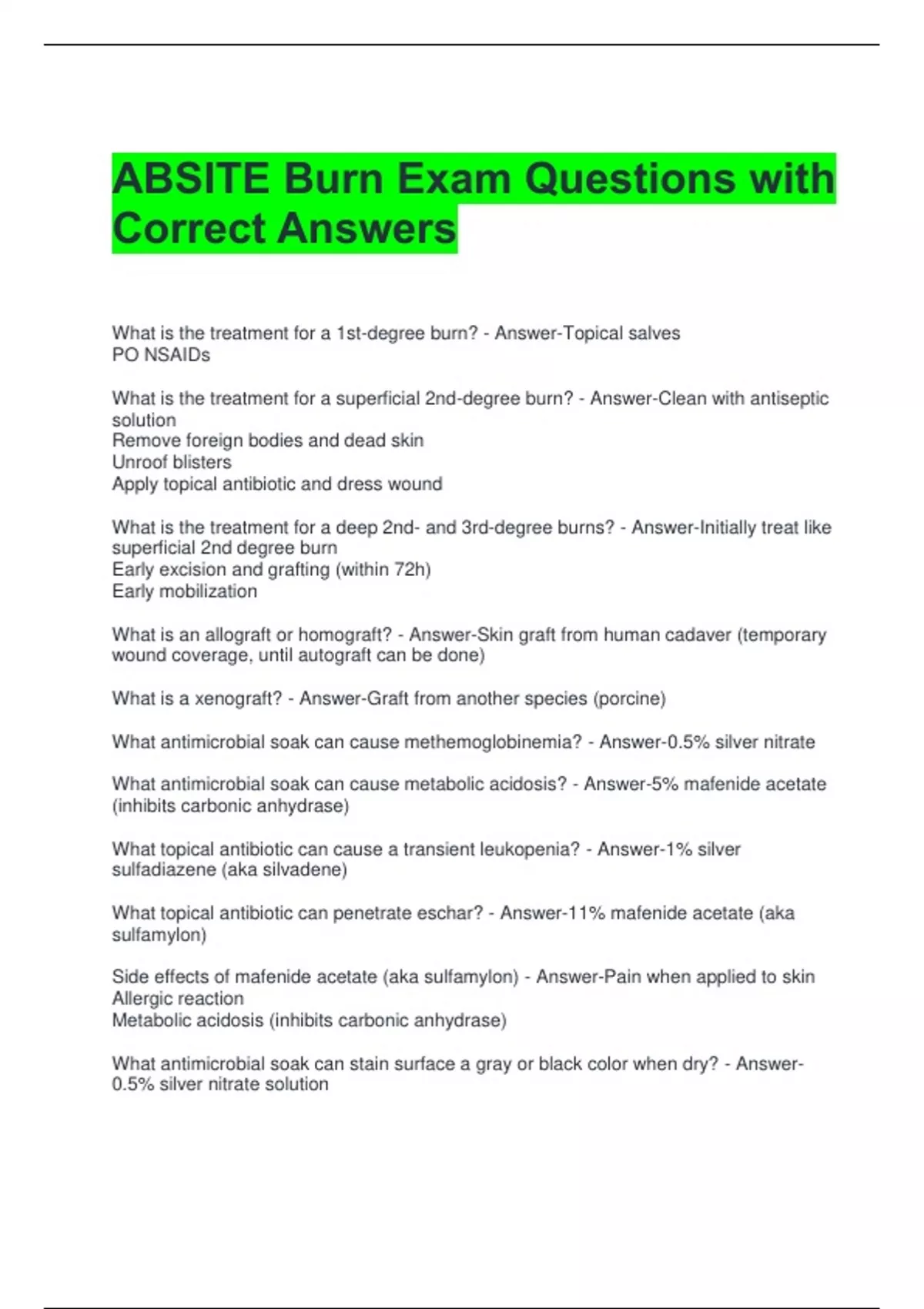 ABSITE Burn Exam Questions with Correct Answers - ABSITE Burn - Stuvia US