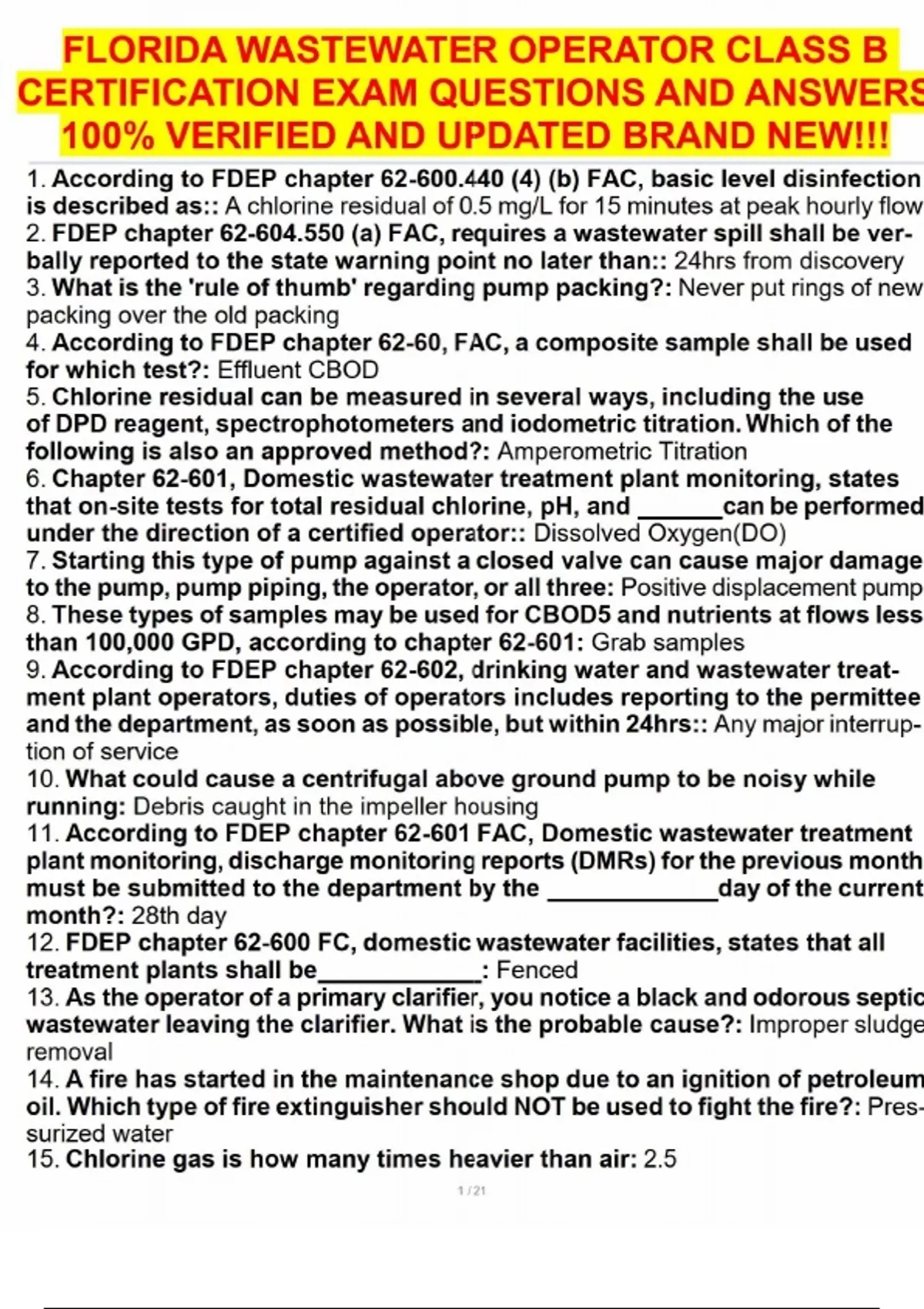 FLORIDA WASTEWATER OPERATOR CLASS B CERTIFICATION EXAM QUESTIONS AND ...