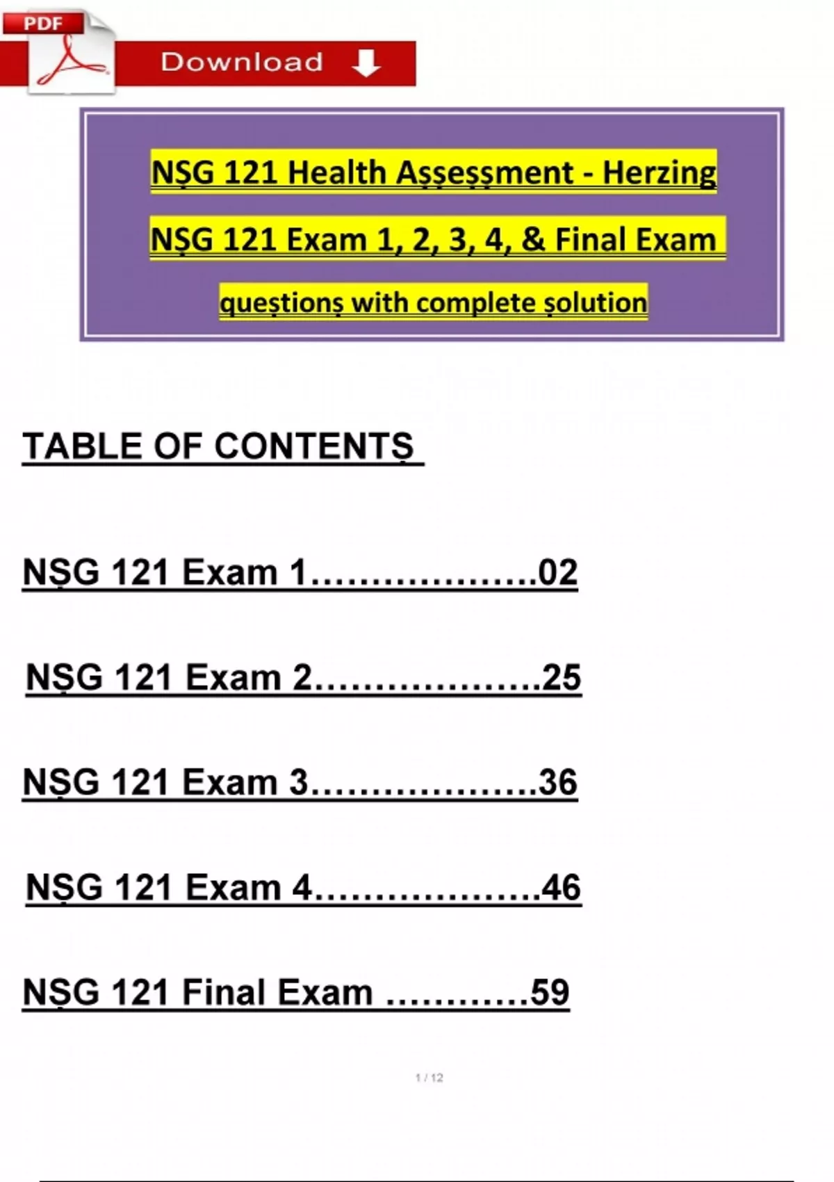 NSG 121 Exam 1, 2, 3, 4, & Final Exam: ALL IN ONE Health Assessment ...