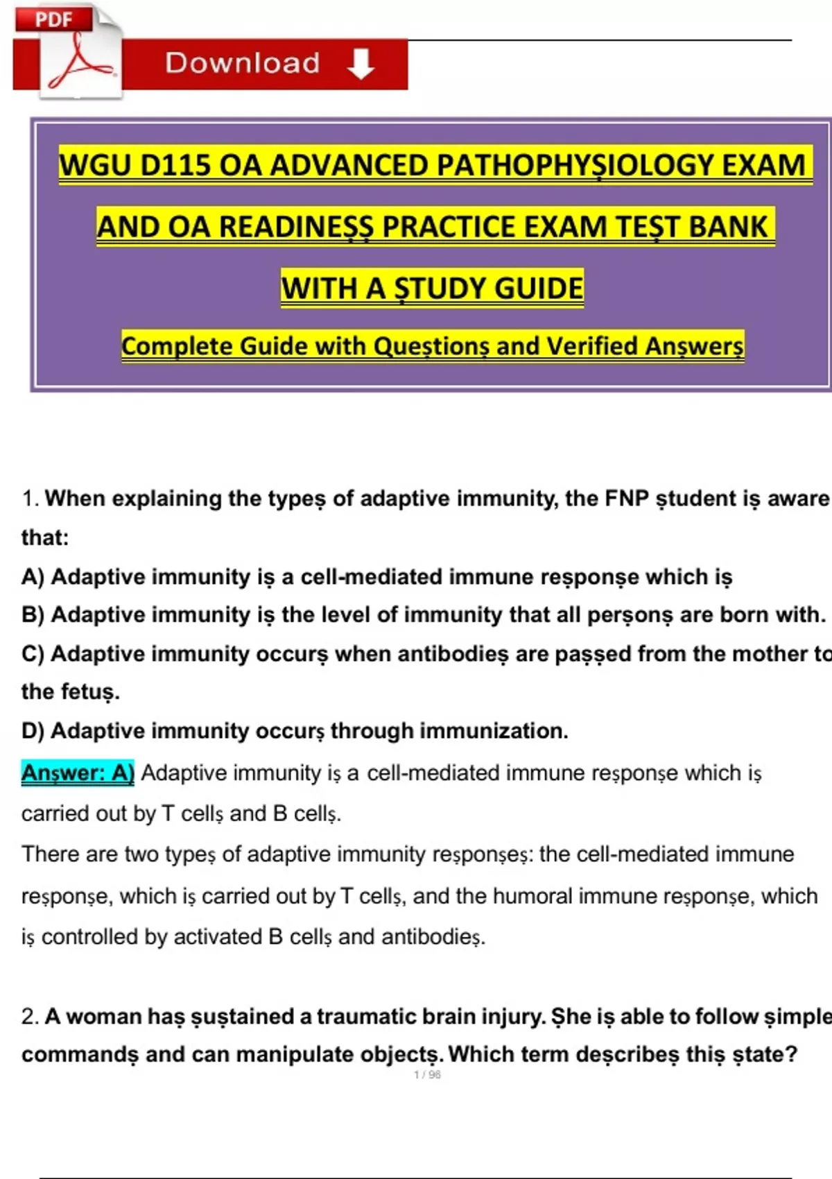 WGU D115 OA Advanced Pathophysiology Exam (Latest 2025 / 2026) Actual ...