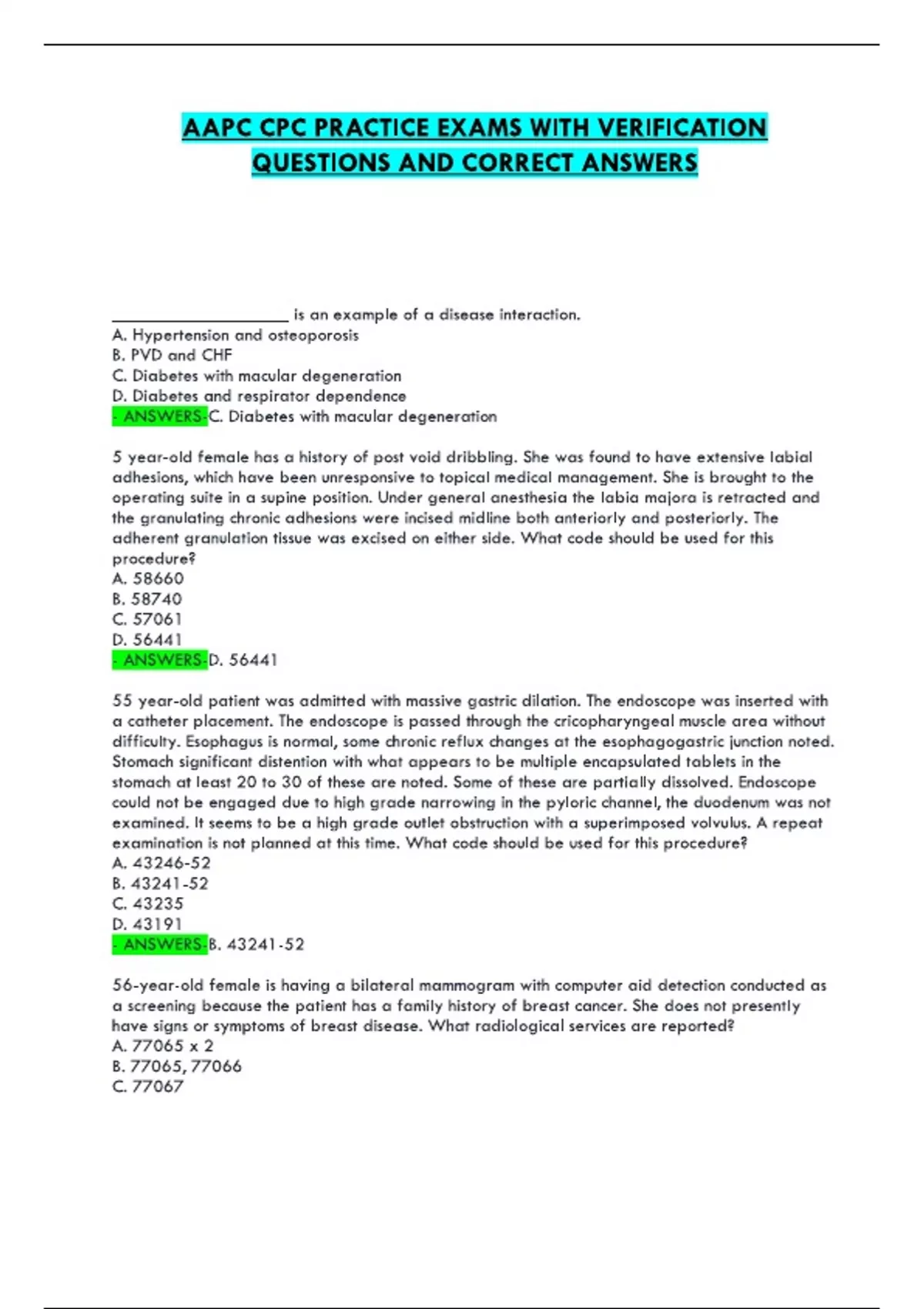 AAPC-CPC Coding Certification Exam 2024 Review with Answers() - Aapc ...