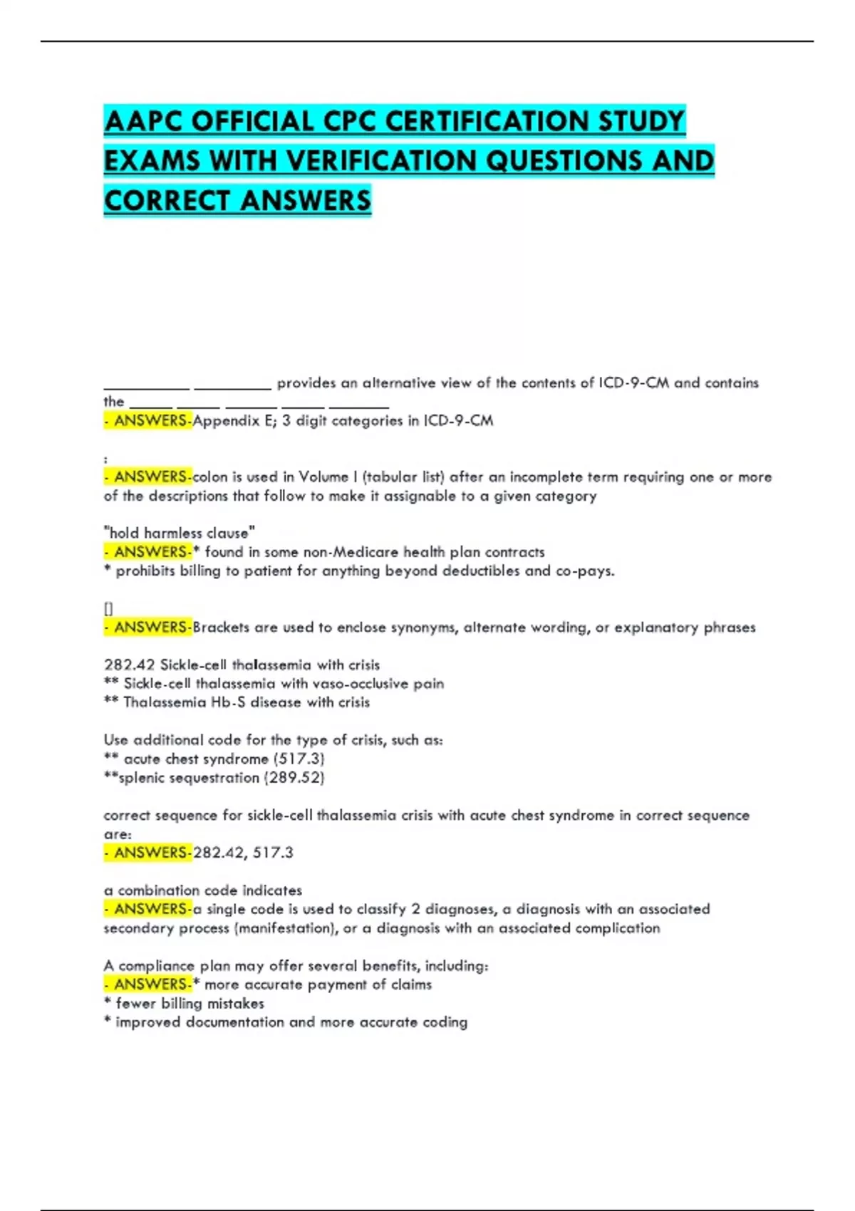 AAPC-CPC Coding Certification Exam 2024 Review with Answers() - Aapc ...