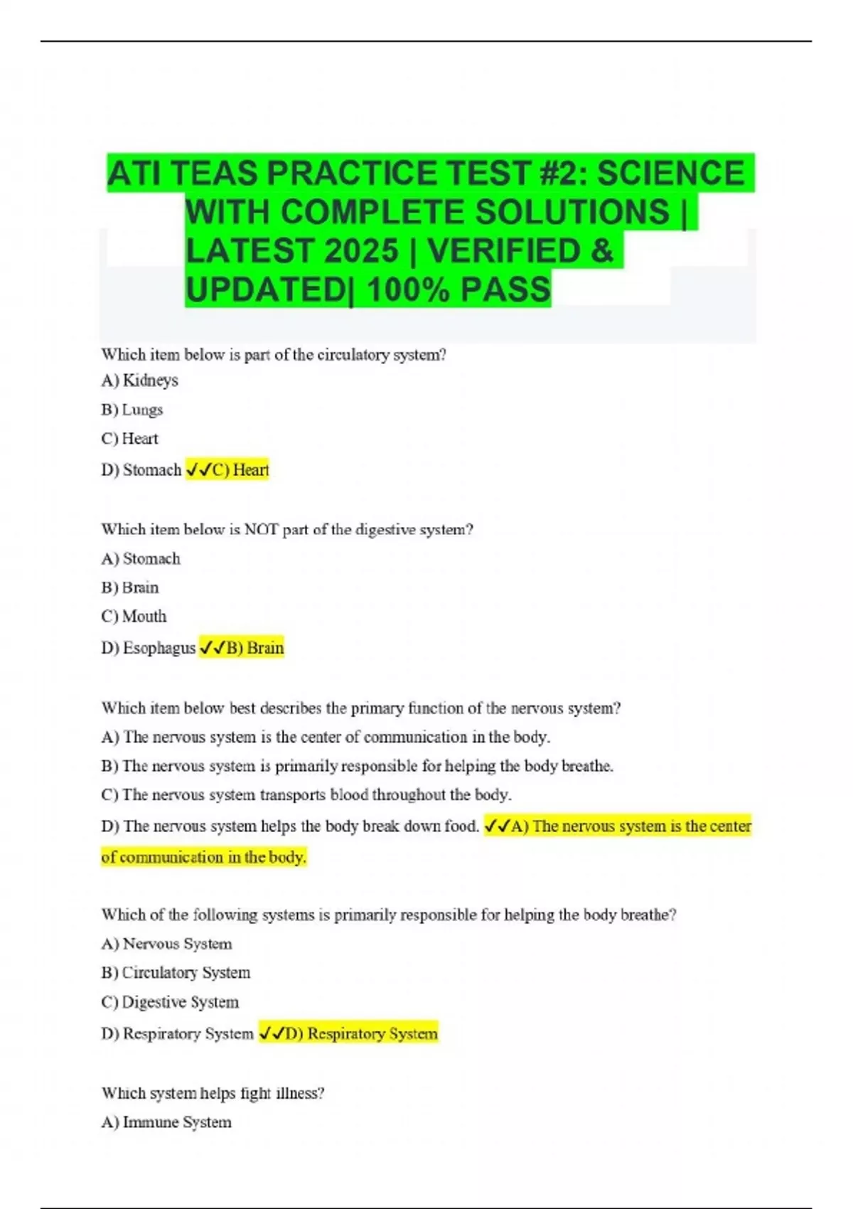 ATI TEAS PRACTICE TEST #2: SCIENCE WITH COMPLETE SOLUTIONS | LATEST ...