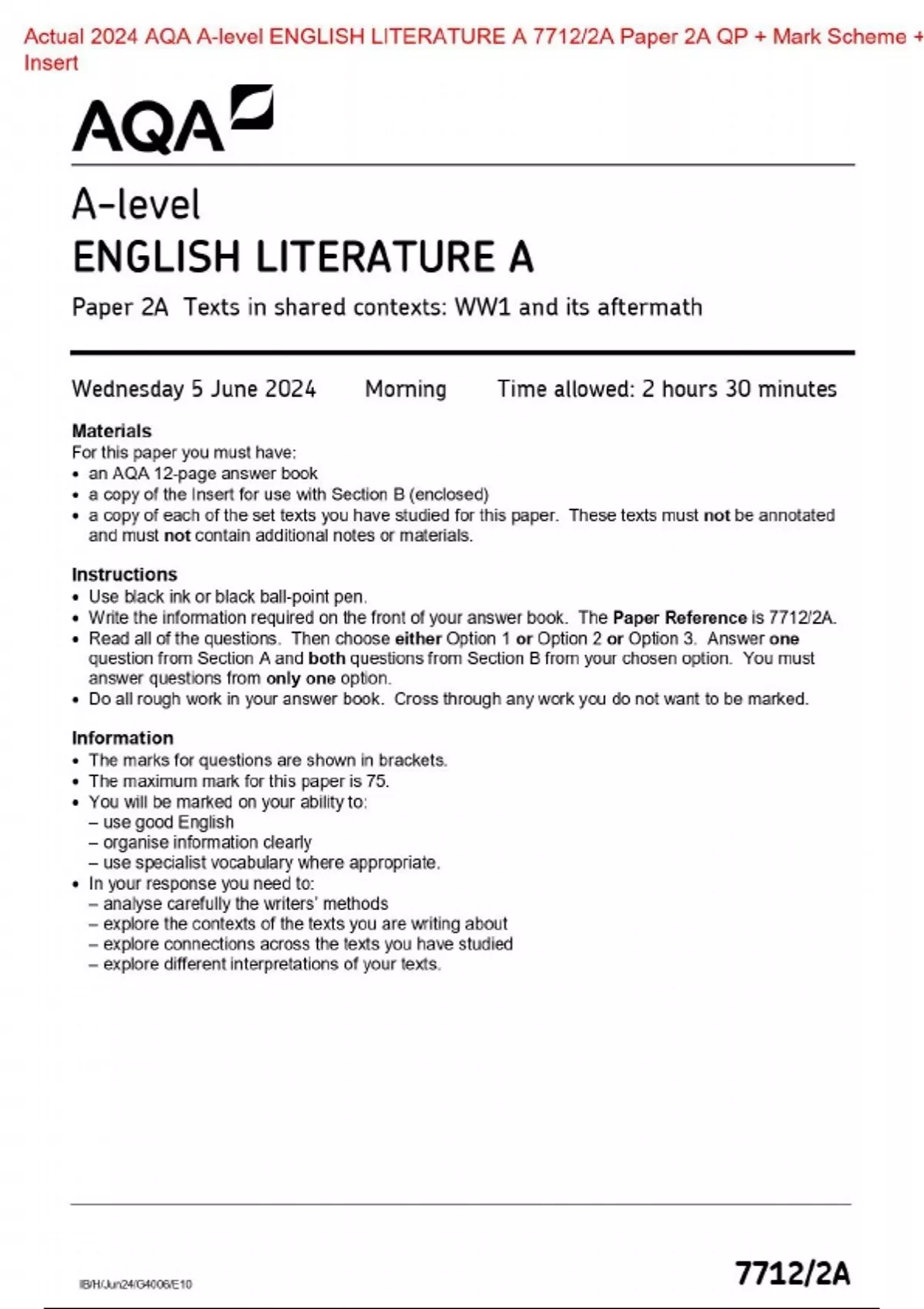 Actual 2024 AQA A-level ENGLISH LITERATURE A 7712/2A Paper 2A QP + Mark Scheme + Insert Actual ...