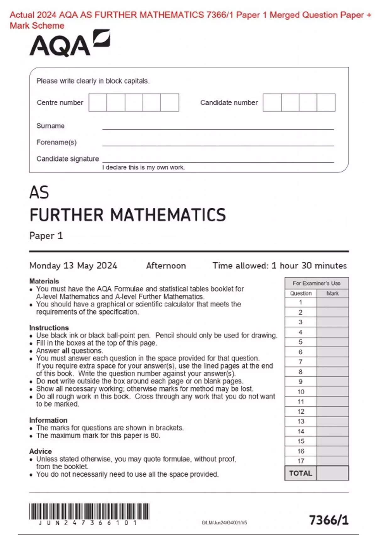 Actual 2024 AQA AS FURTHER MATHEMATICS 7366/1 Paper 1 Merged Question ...