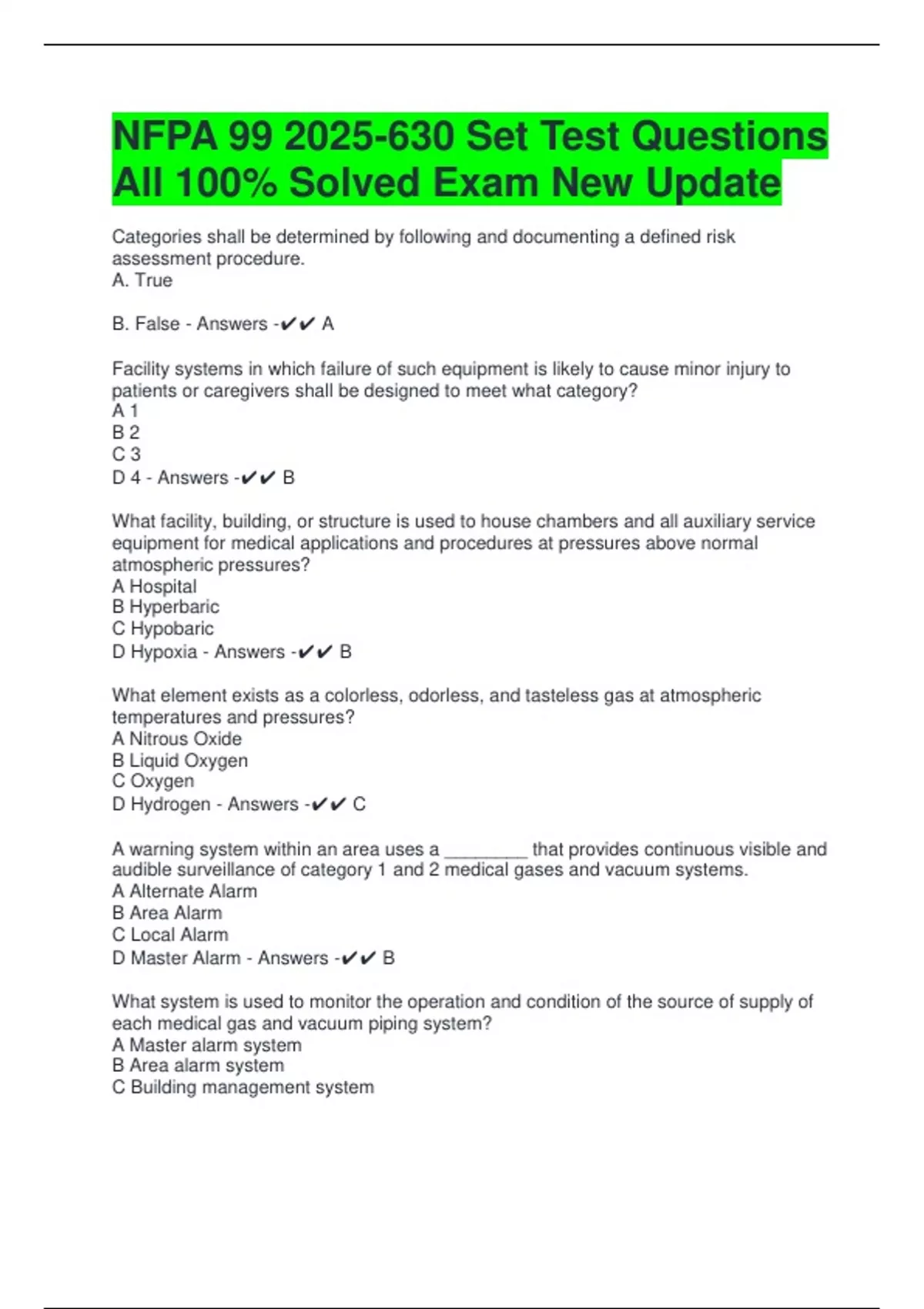 NFPA Set Test Questions All 100% Solved Exam New Update - NFPA 99 ...