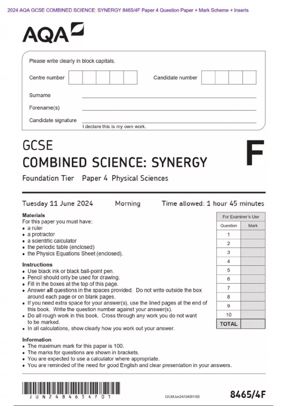 2024 AQA GCSE COMBINED SCIENCE: SYNERGY 8465/4F Paper 4 Question Paper ...