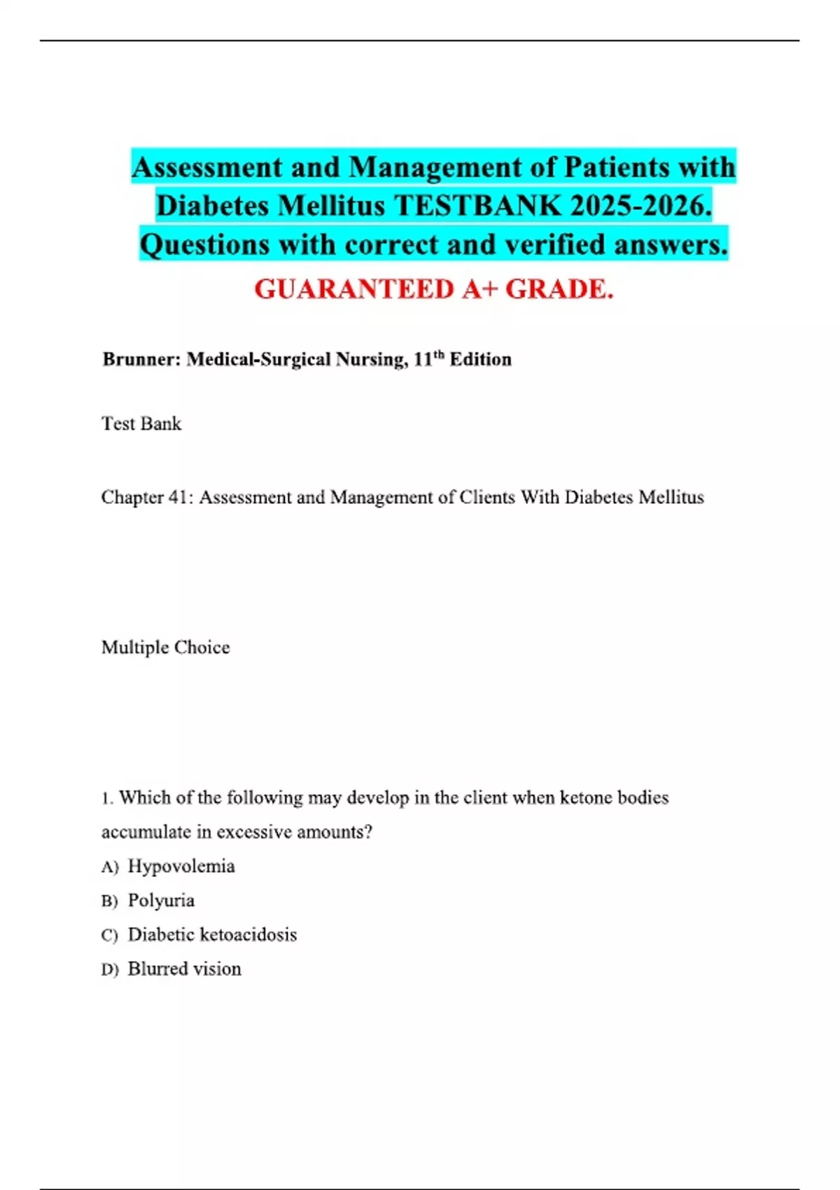 Assessment and Management of Patients with Diabetes Mellitus TESTBANK ...