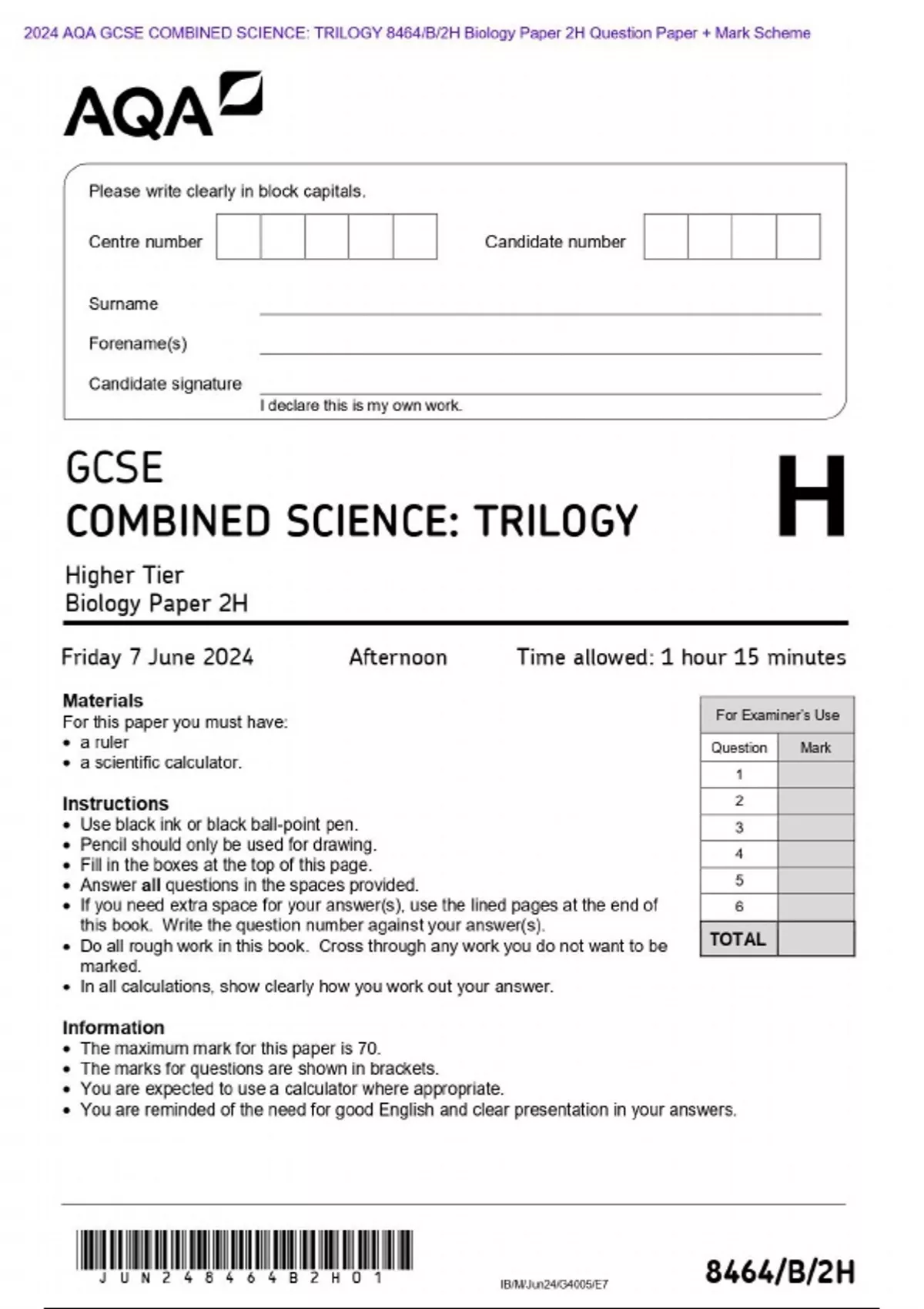 2024 AQA GCSE COMBINED SCIENCE: TRILOGY 8464/B/2H Biology Paper 2H ...