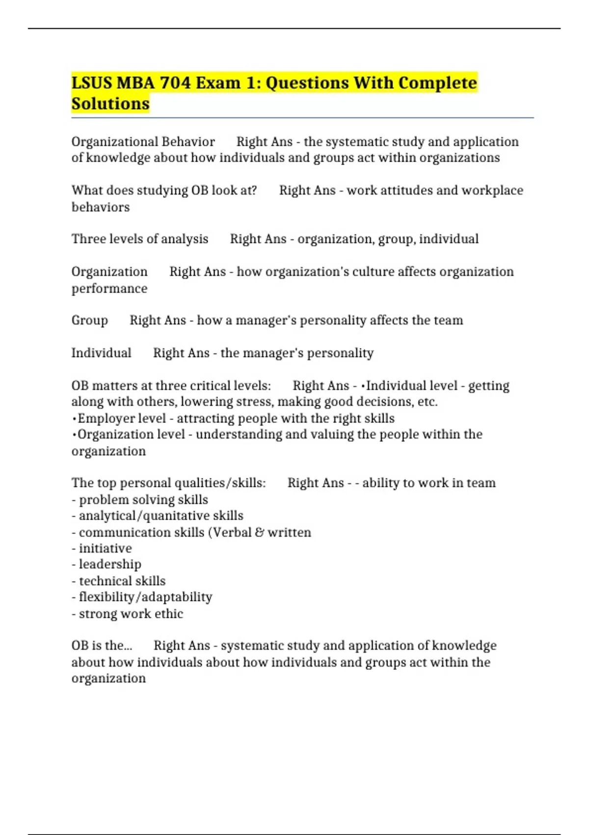 LSUS MBA 704 Exam 1: Questions With Complete Solutions - MBA 704 ...