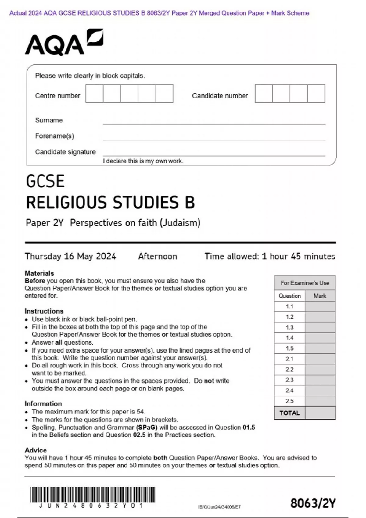 Actual 2024 AQA GCSE RELIGIOUS STUDIES B 8063/2Y Paper 2Y Merged ...