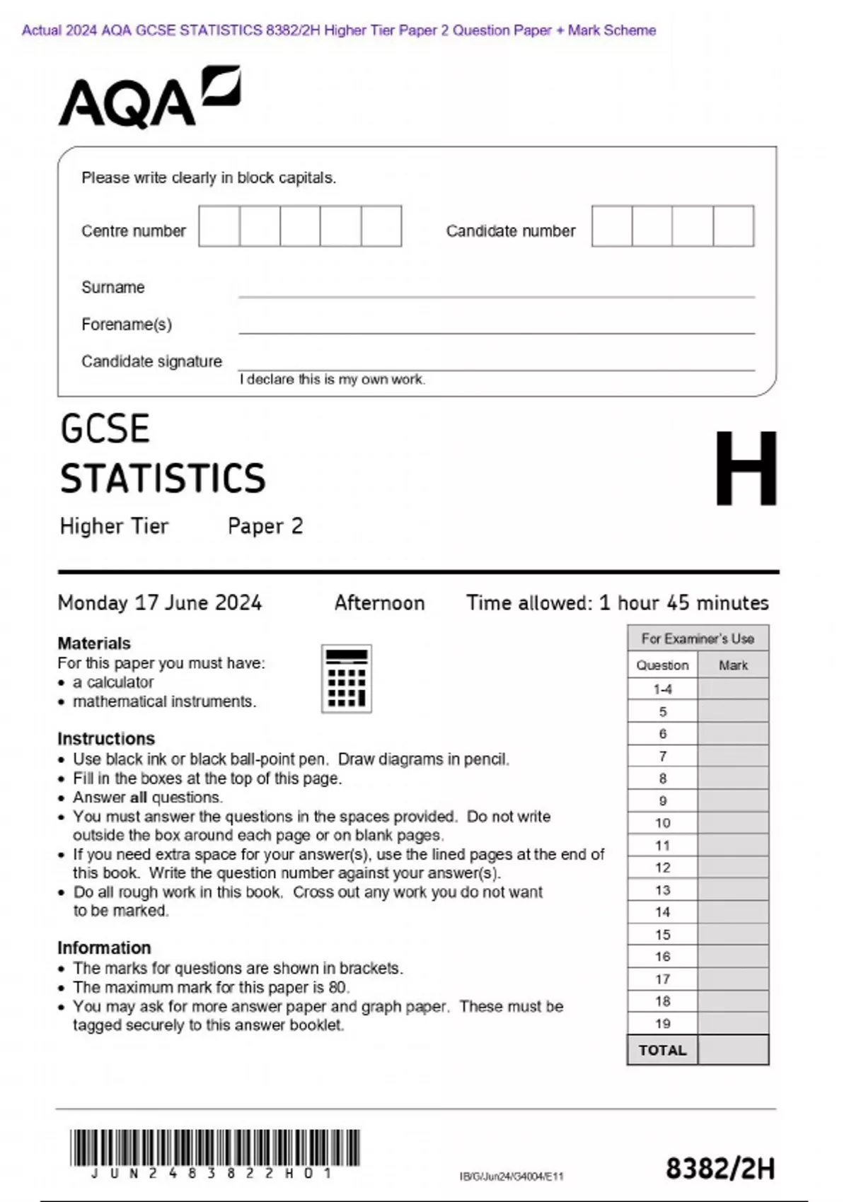 Actual 2024 AQA GCSE STATISTICS 8382/2H Higher Tier Paper 2 Question ...