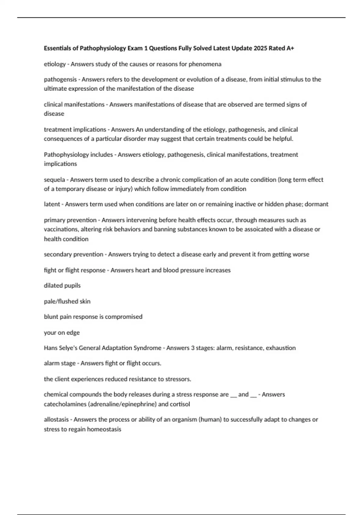 Essentials of Pathophysiology Exam 1 Questions Fully Solved Latest ...