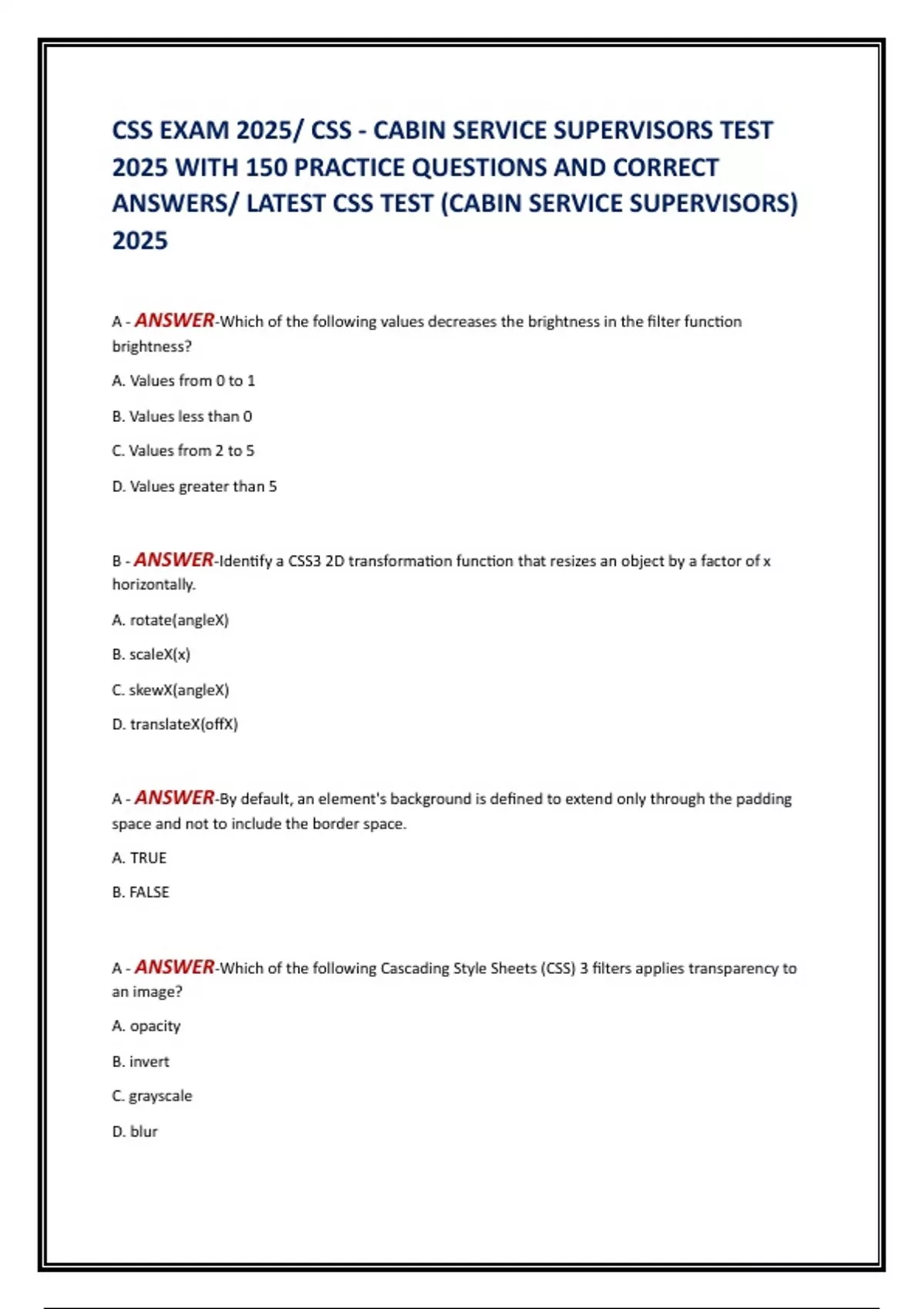 CSS EXAM 2025/ CSS - CABIN SERVICE SUPERVISORS TEST 2025 WITH 150 ...