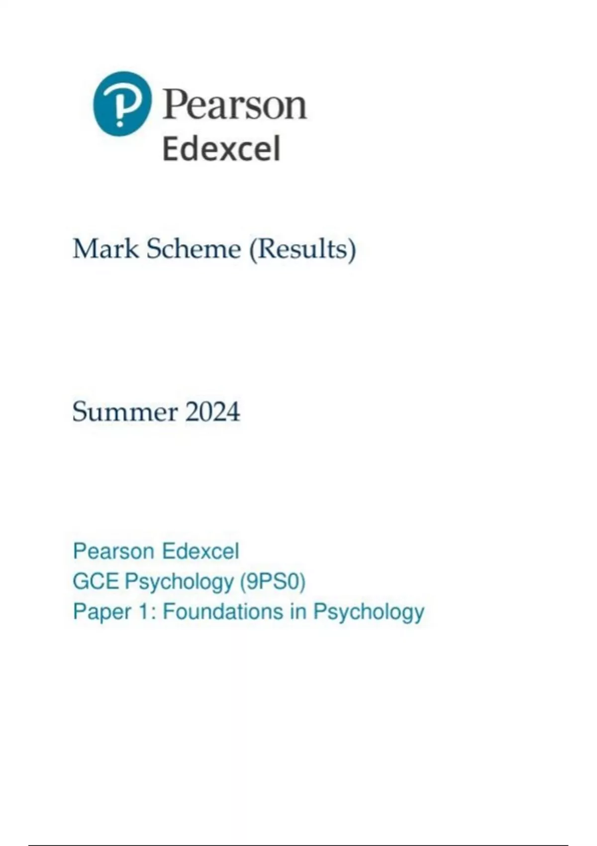 Pearson Edexcel GCE Psychology (9PS0) Paper 1: 9ps0-01 Foundations in Psychology mark scheme ...