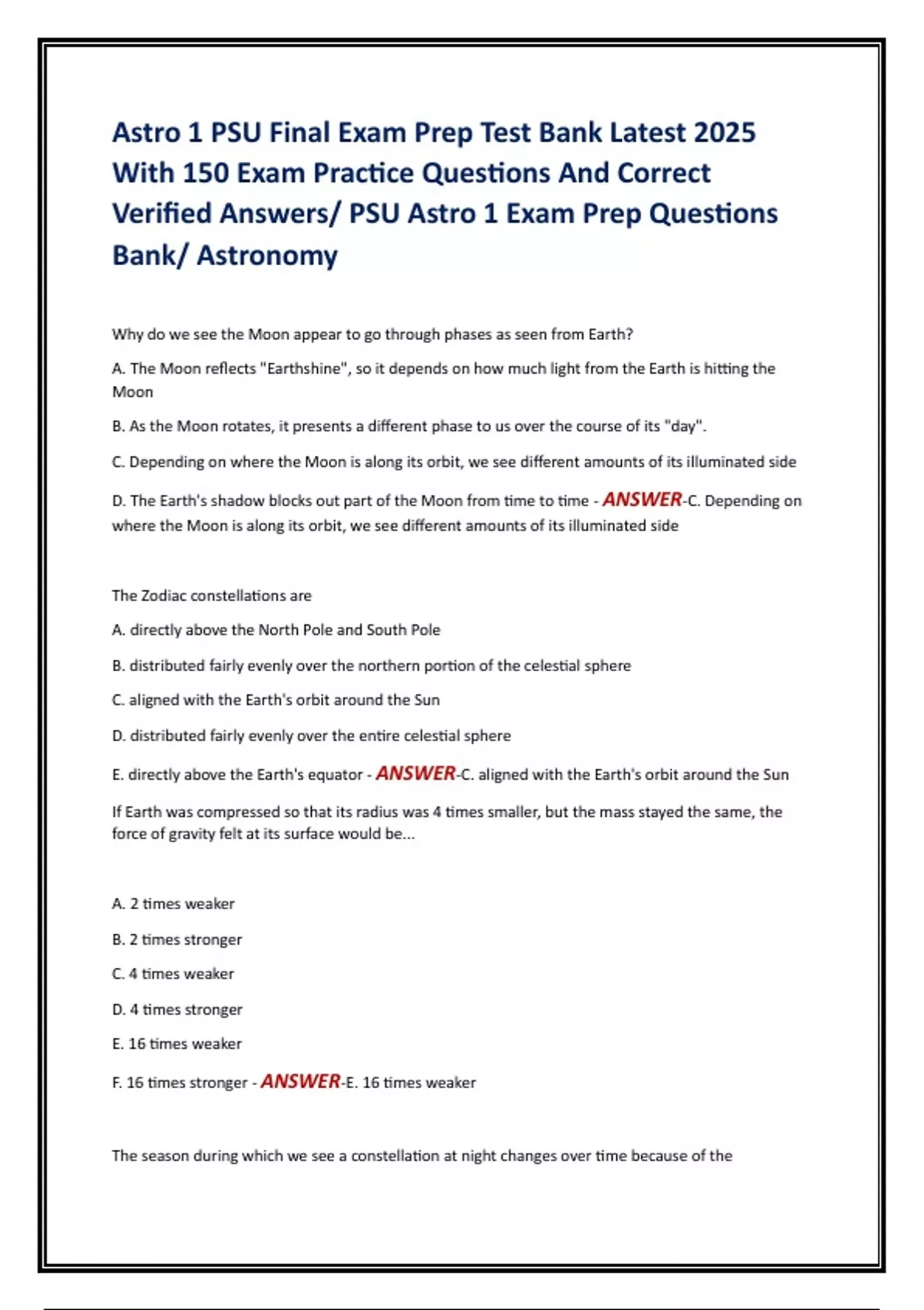 Astro 1 PSU Final Exam Prep Test Bank Latest 2025 With 150 Exam ...