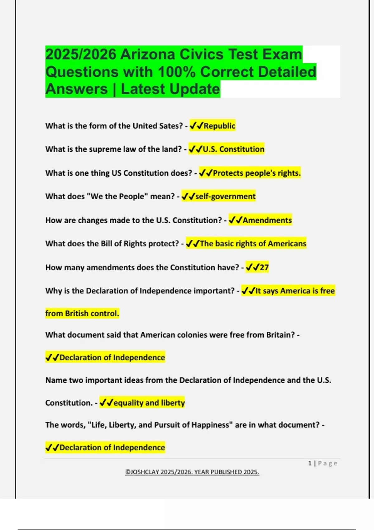 2025/2026 Arizona Civics Test Exam Questions with 100% Correct Detailed ...