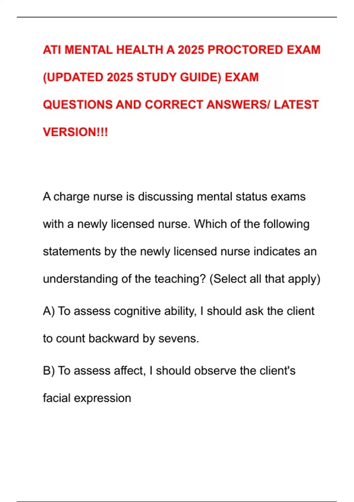 ATI MENTAL HEALTH A 2025 PROCTORED EXAM (UPDATED 2025 STUDY GUIDE) EXAM ...