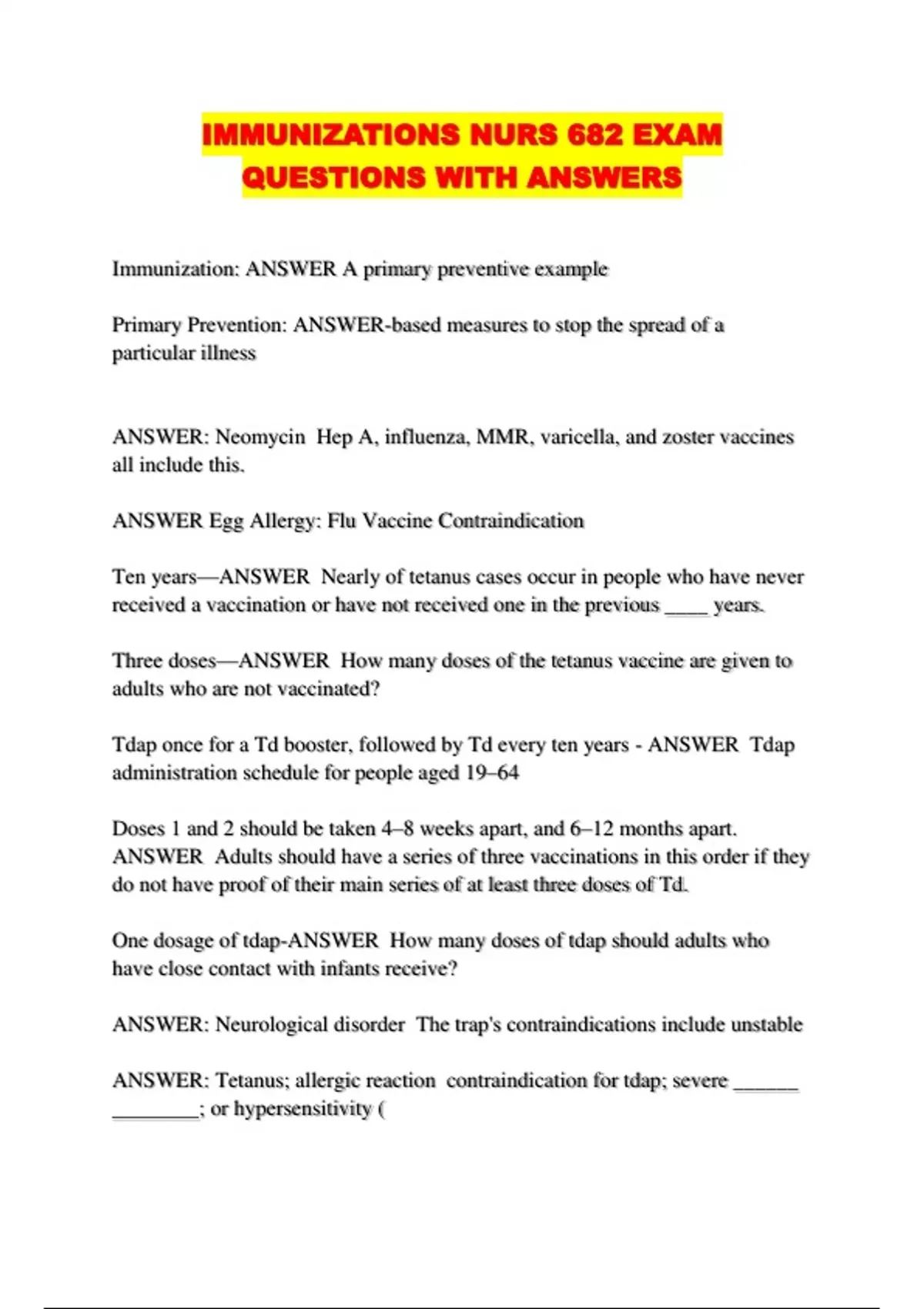IMMUNIZATIONS NURS 682 EXAM QUESTIONS WITH ANSWERS - IMMUNIZATIONS NURS ...