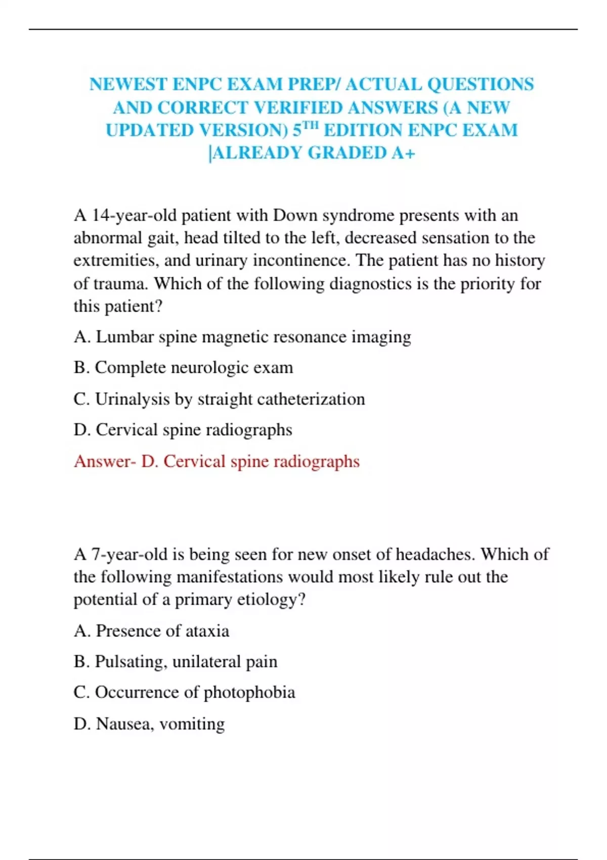 NEWEST ENPC EXAM PREP/ ACTUAL QUESTIONS AND CORRECT VERIFIED ANSWERS (A ...