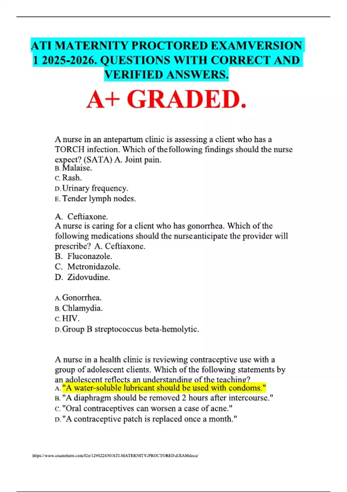 ATI MATERNITY PROCTORED EXAM VERSION . QUESTIONS WITH CORRECT AND ...