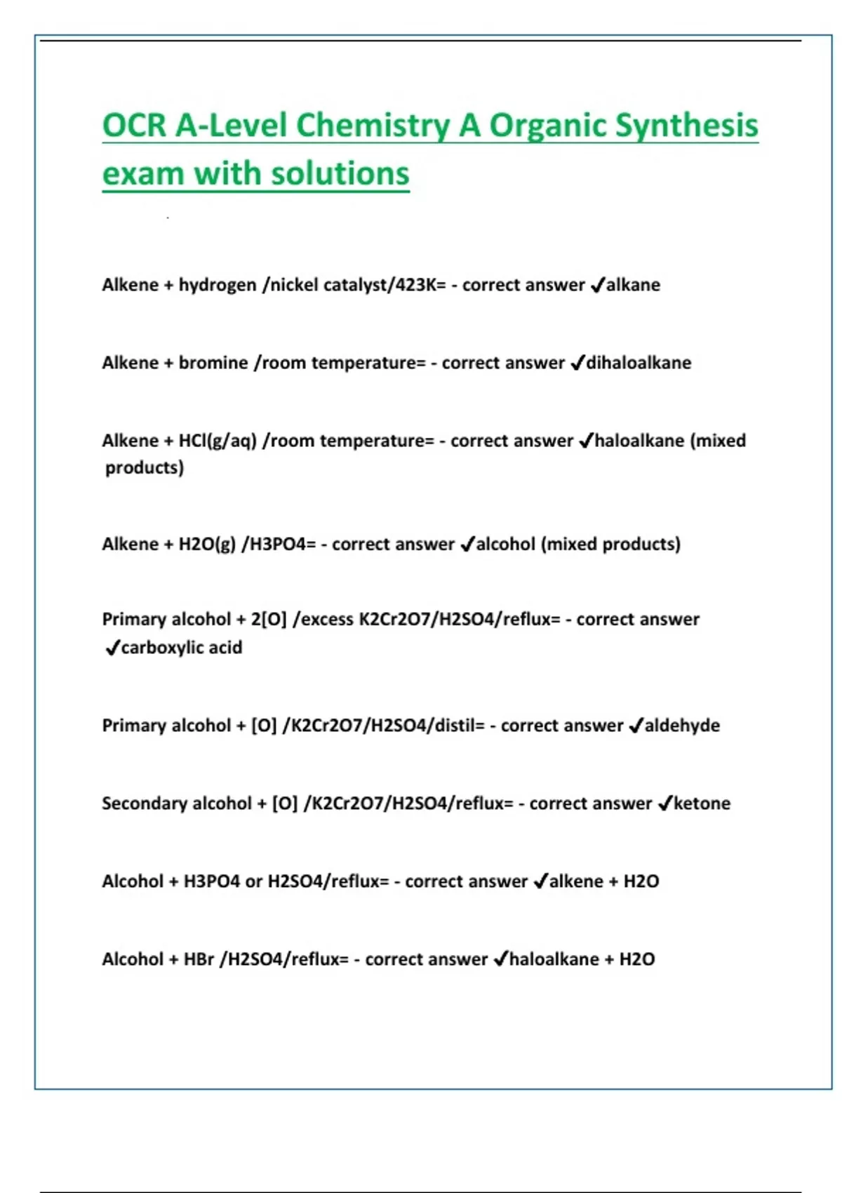 OCR A-Level Chemistry A Organic Synthesis exam with solutions - OCR A ...