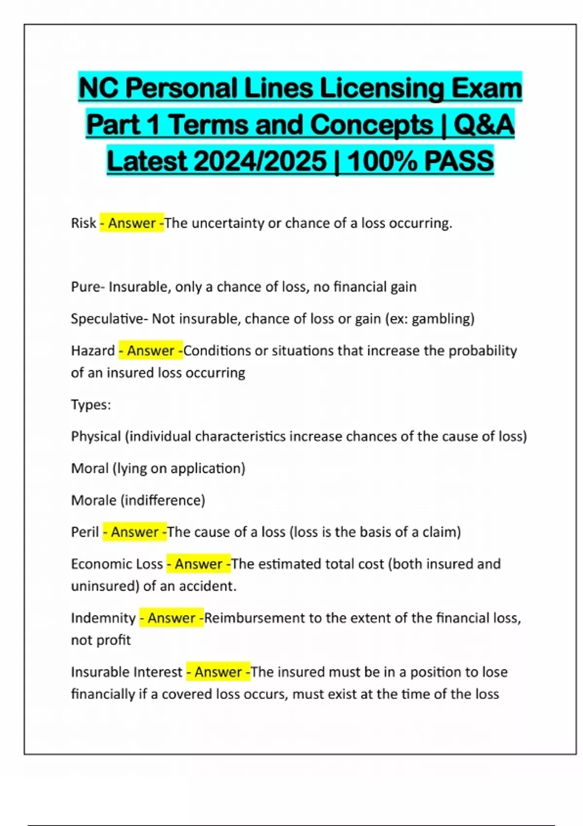 NC Personal Lines Licensing Exam Part 1 Terms and Concepts | Q&A Latest ...