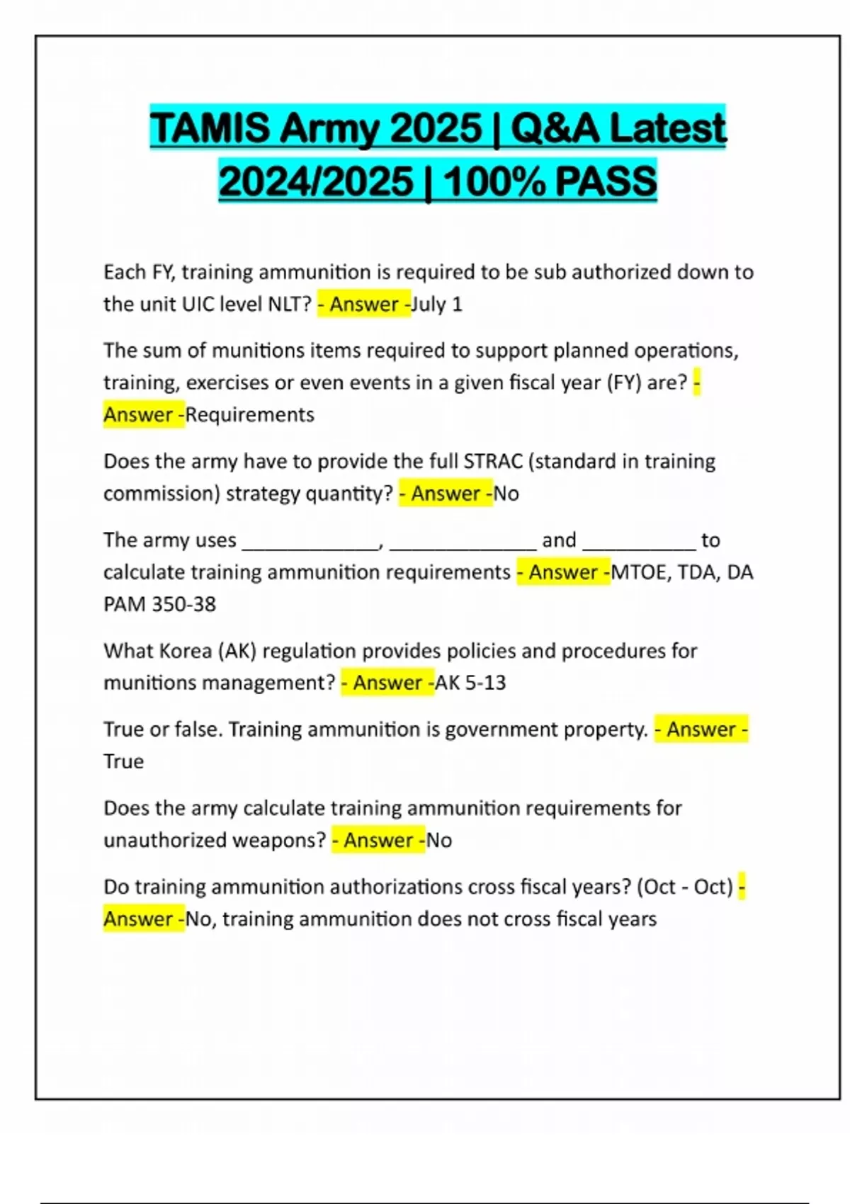 TAMIS Army 2025 | Q&A Latest 2024/2025 | 100% PASS - Tamis - Stuvia US