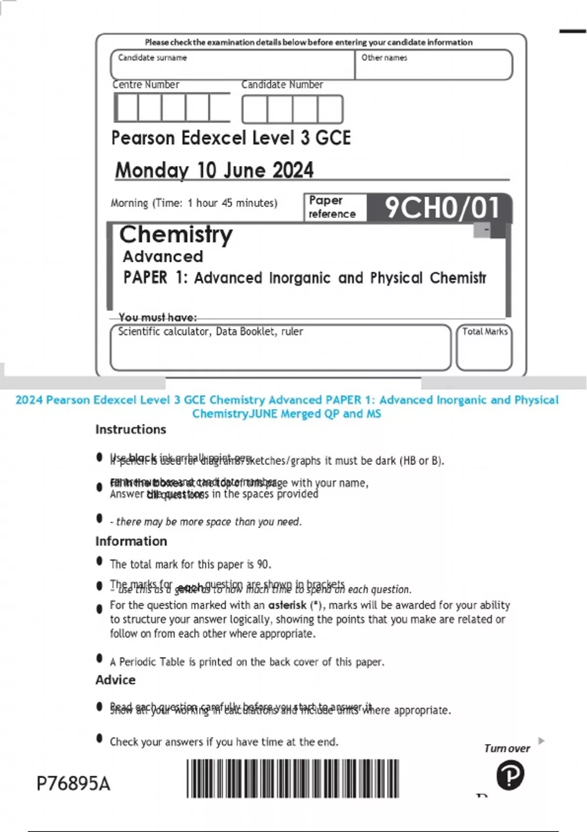 2024 Pearson Edexcel Level 3 GCE Chemistry Advanced PAPER 1: Advanced ...