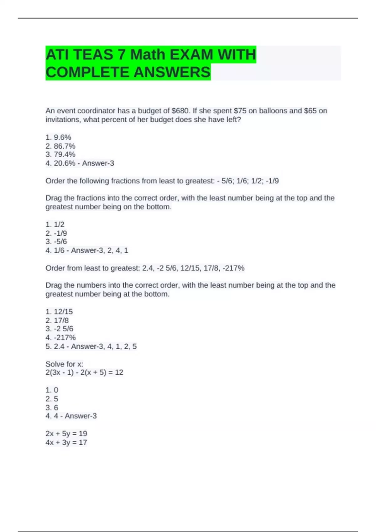 ATI TEAS 7 Math EXAM WITH COMPLETE ANSWERS - ATI TEAS 7 - Stuvia US