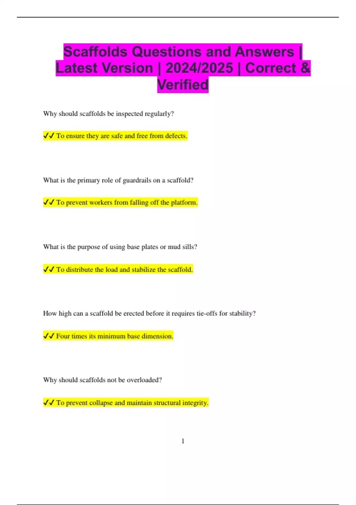 Scaffolds Questions and Answers | Latest Version | 2024/2025 | Correct ...