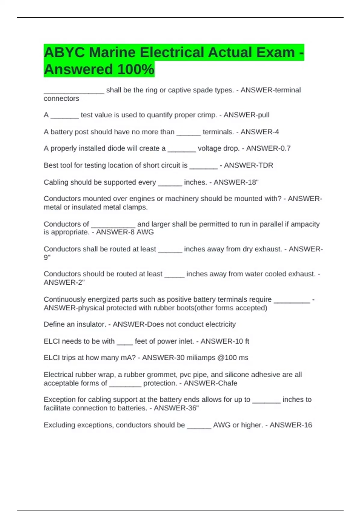 ABYC Marine Electrical Actual Exam -Answered 100% - ABYC Marine ...