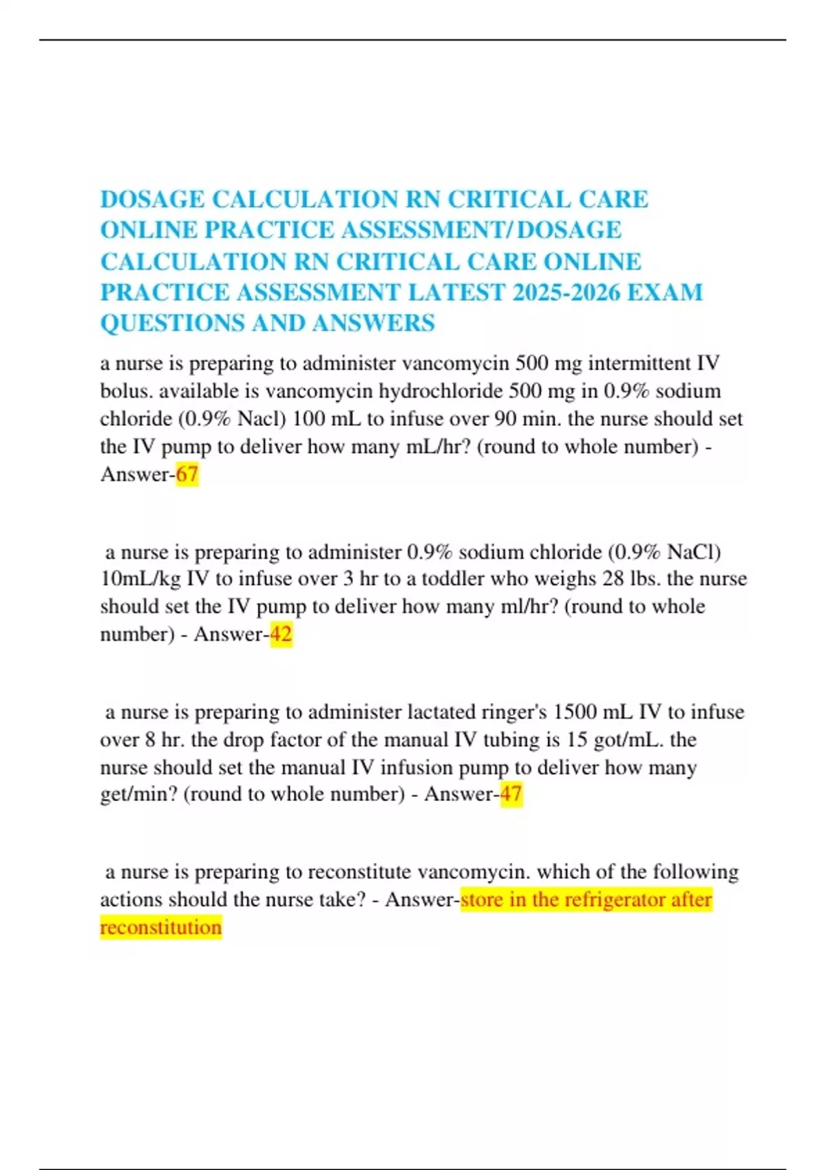 DOSAGE CALCULATION RN CRITICAL CARE ONLINE PRACTICE ASSESSMENT/ DOSAGE ...