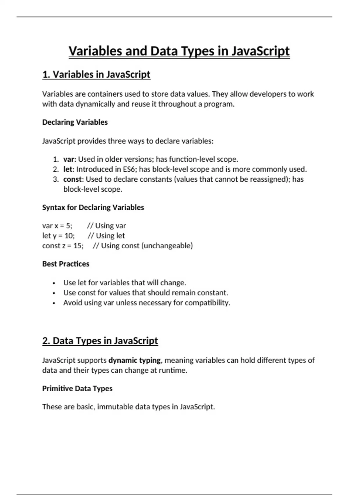 Variables and Data Types in JavaScript with Practical Examples - COMPUTER SCIENCE - Stuvia US