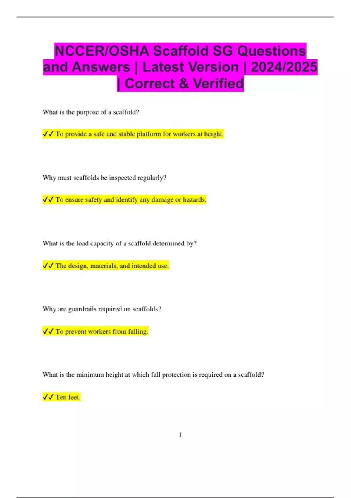 NCCER/OSHA Scaffold SG Questions and Answers | Latest Version | 2024/ ...