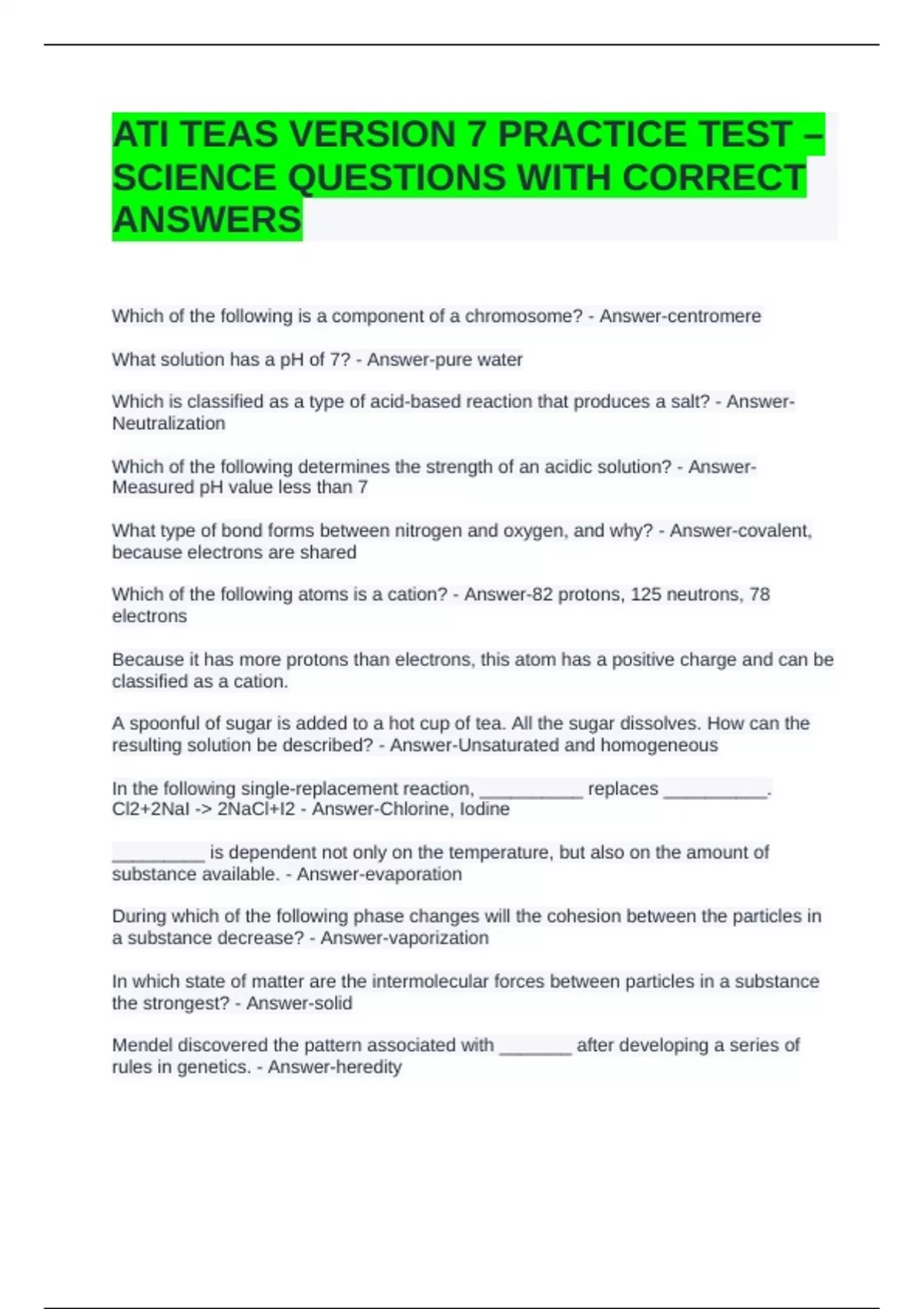ATI TEAS VERSION 7 PRACTICE TEST – SCIENCE QUESTIONS WITH CORRECT ...