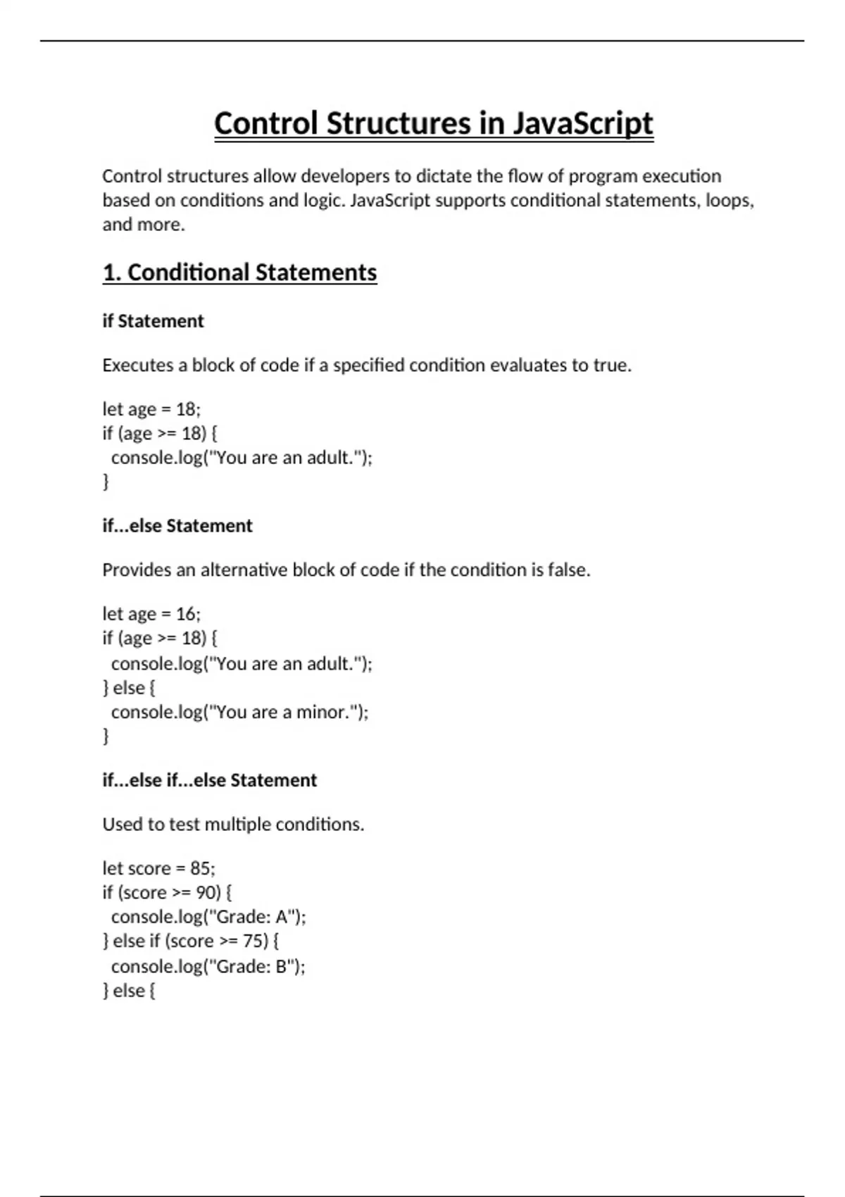 Control Structures in JavaScript: A Complete Guide with Examples - COMPUTER SCIENCE - Stuvia US