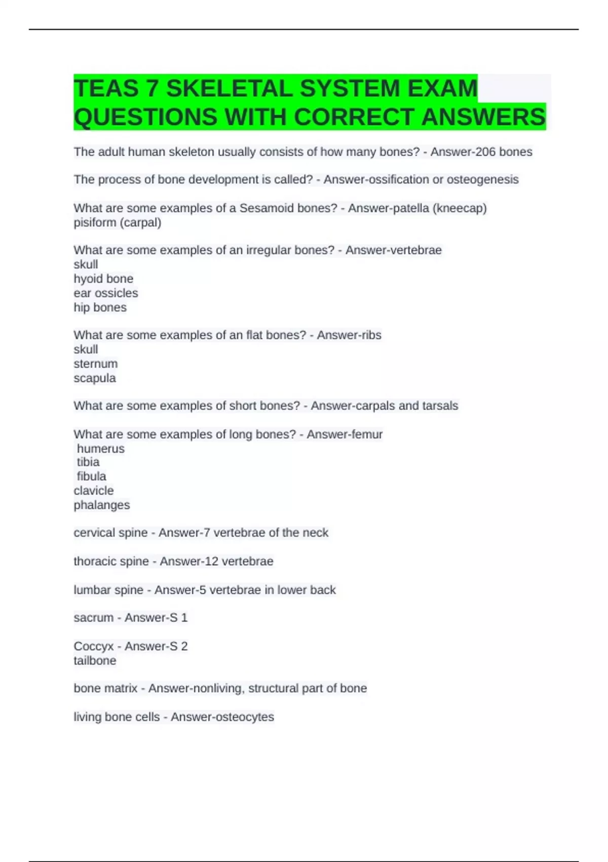 TEAS 7 SKELETAL SYSTEM EXAM QUESTIONS WITH CORRECT ANSWERS - ATI TEAS 7 ...