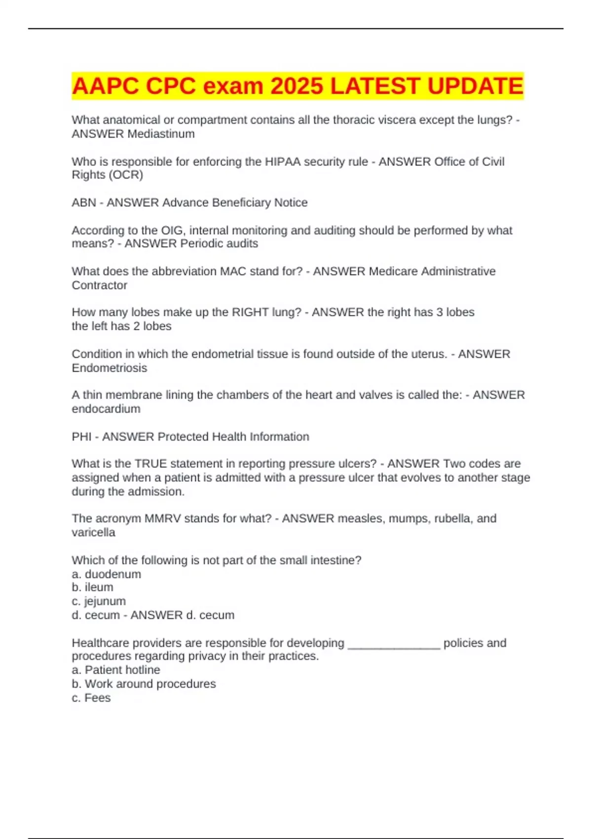 AAPC CPC exam 2025 LATEST UPDATE - AAPC CPC - Stuvia US