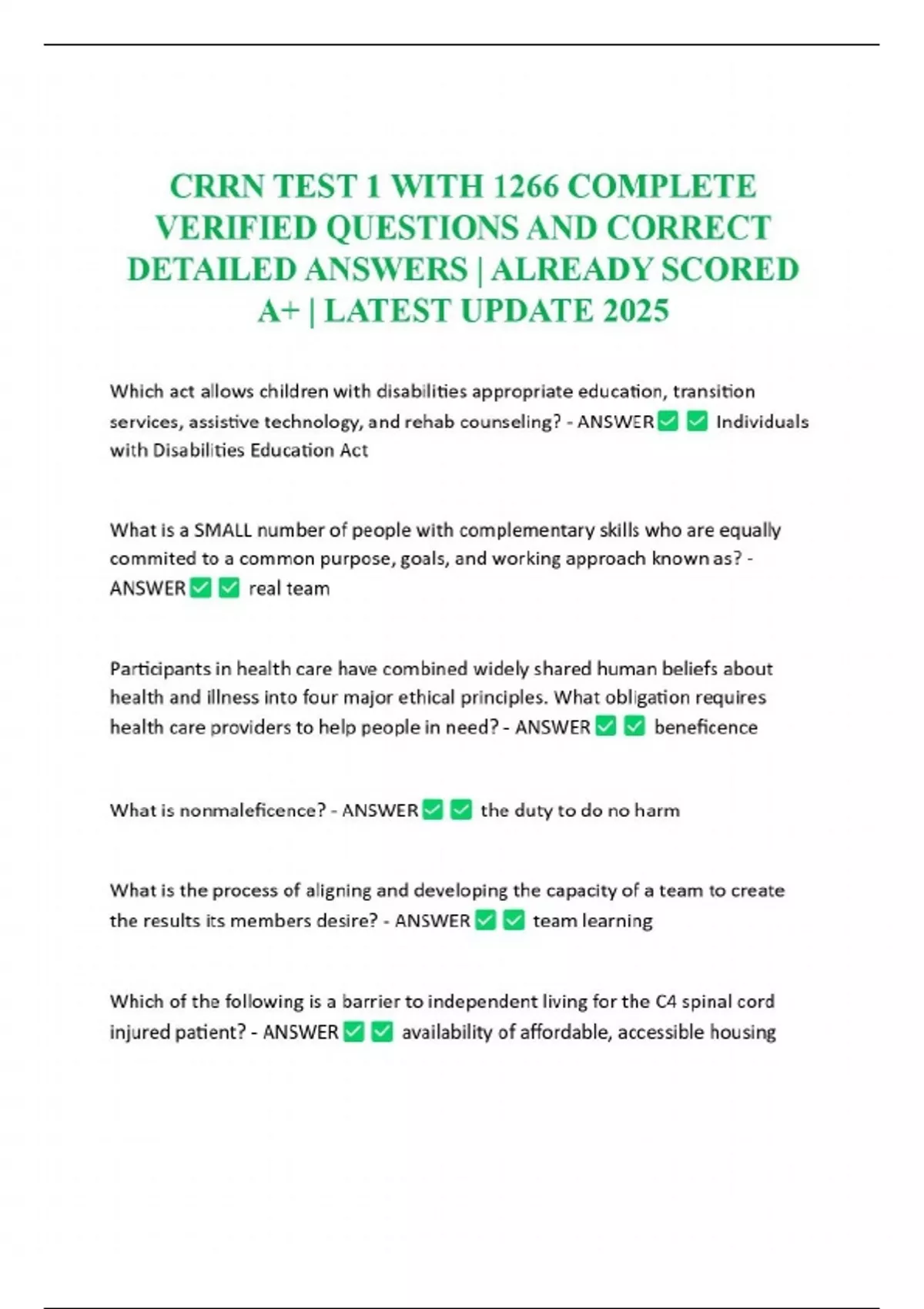 CRRN TEST 1 WITH 1266 COMPLETE VERIFIED QUESTIONS AND CORRECT DETAILED ...