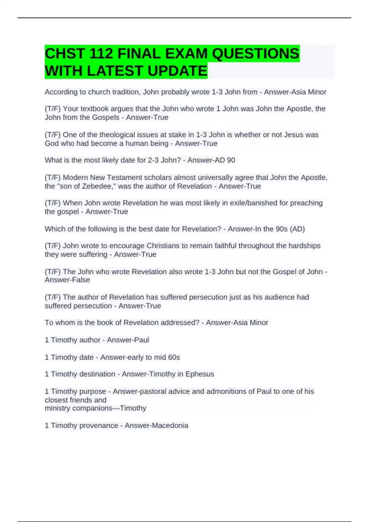CHST 112 FINAL EXAM QUESTIONS WITH LATEST UPDATE - CHST - Stuvia US